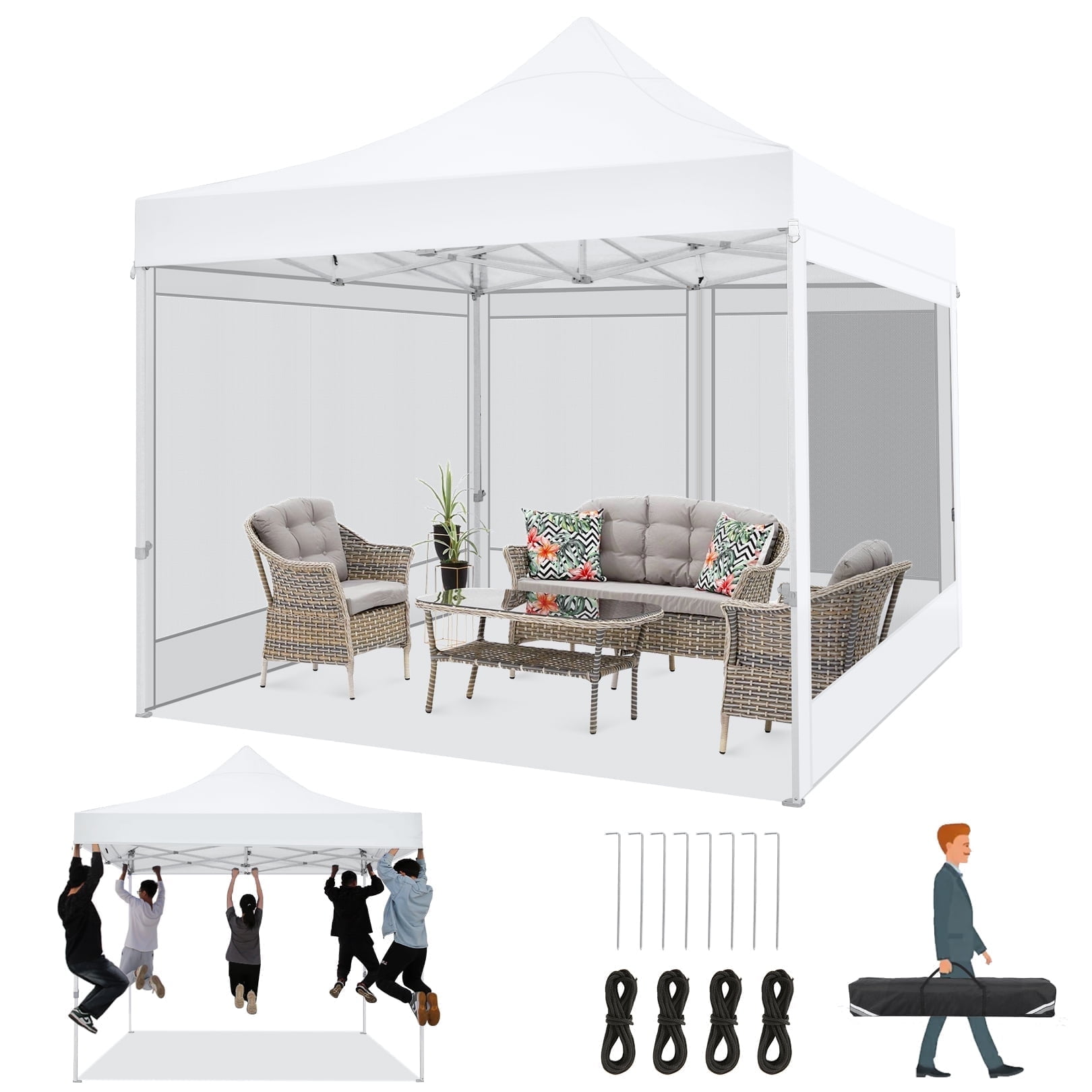 COBIZI 10x10 Heavy-Duty Canopy Tent with Mesh Sidewalls, Waterproof EZ ...