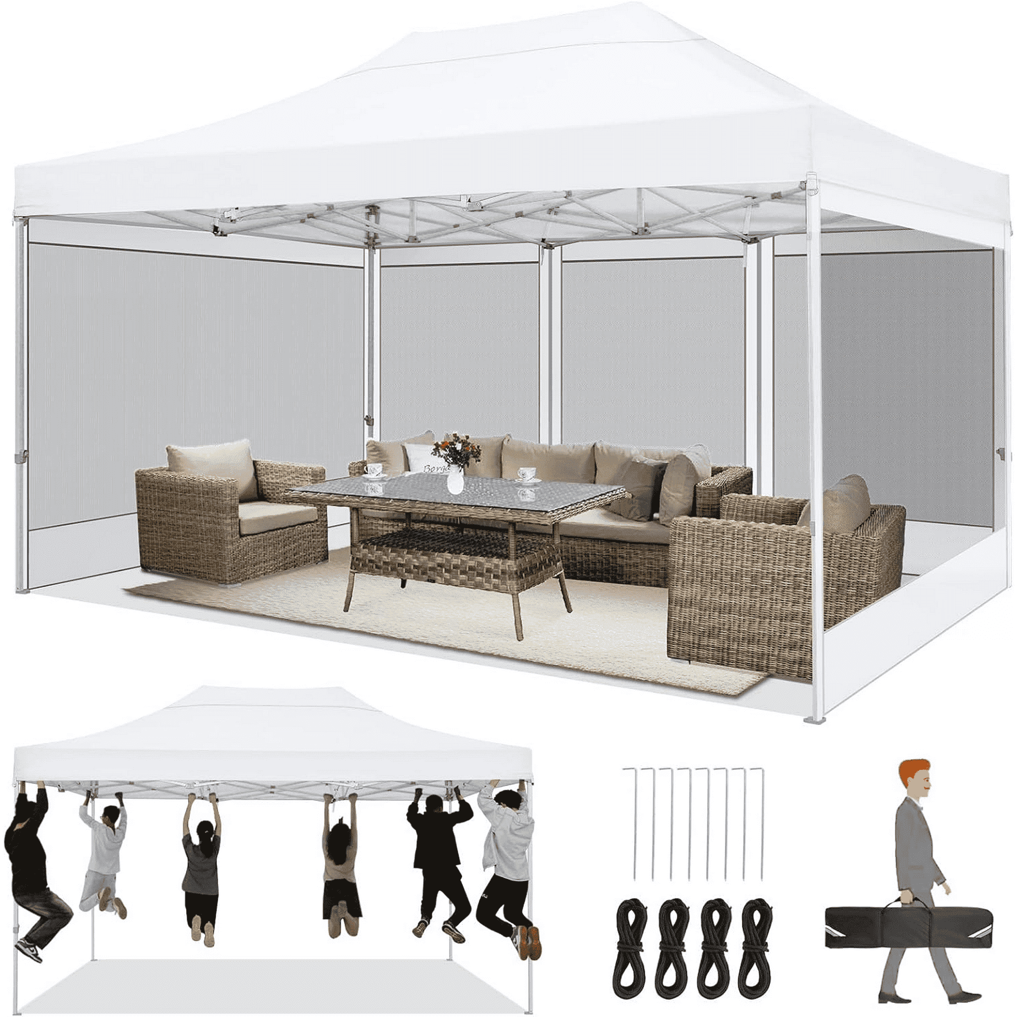 HOTEEL 10x15 Heavy Duty Canopy Tent, Pop up Gazebo with Mesh Sides ...