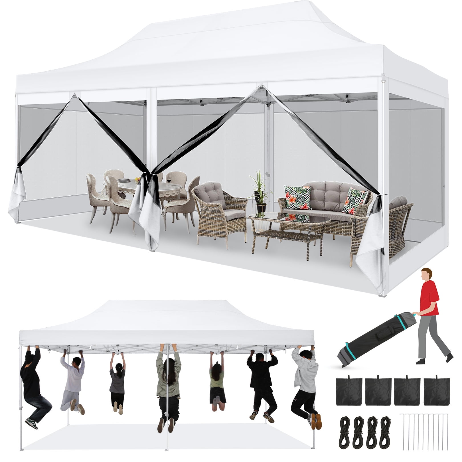 HOTEEL 10x20 Heavy Duty Gazebo, Pop-Up, Screened Netting, Waterproof ...