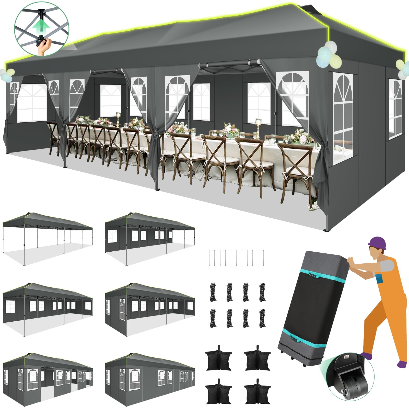 HOTEEL 10x30 EZ Pop Up Canopy with 8 Sidewalls, One Push Setup Glow ...