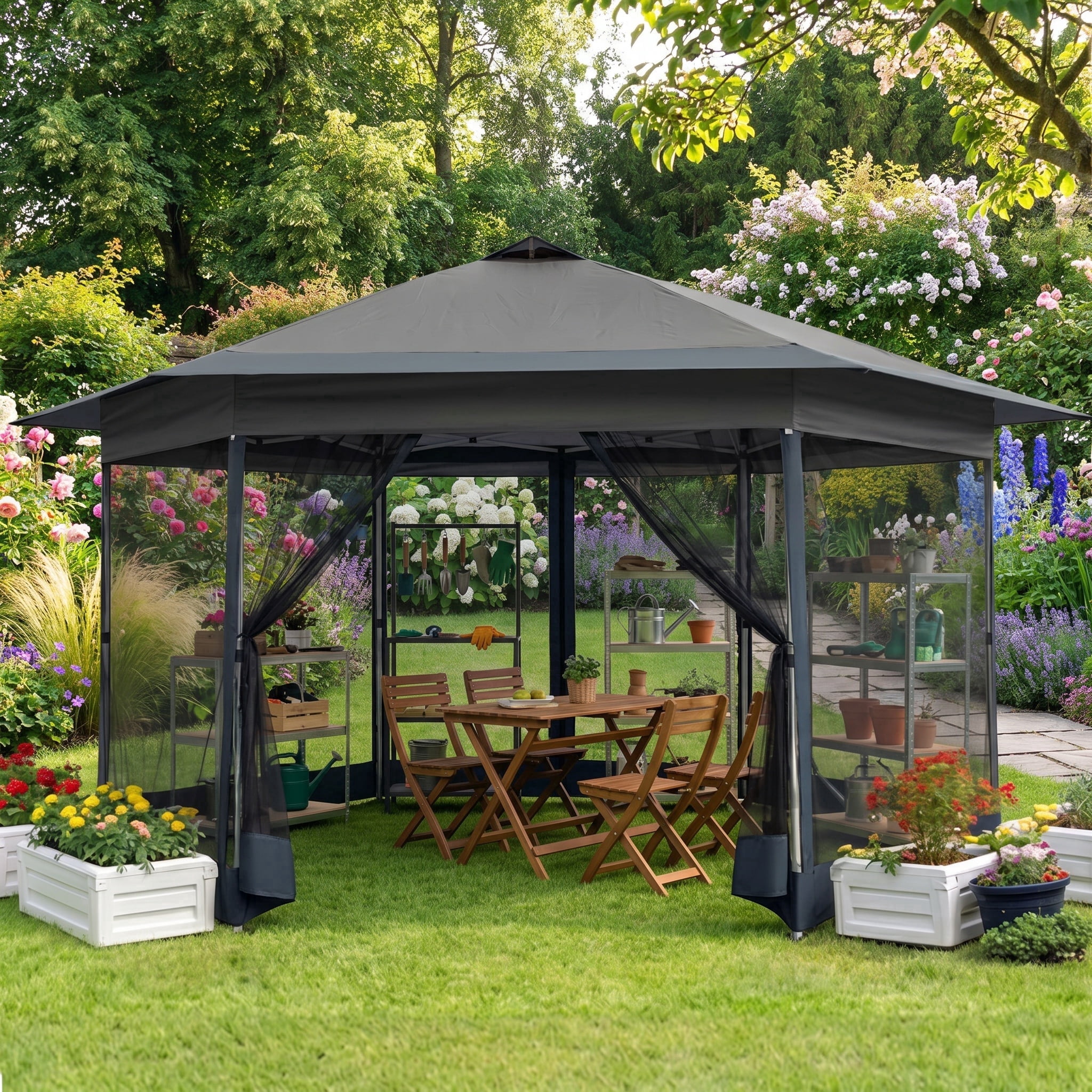 HOTEEL 16' x 16' Hexagon Pop-Up Gazebo Patio Outdoor Canopy Tent with ...