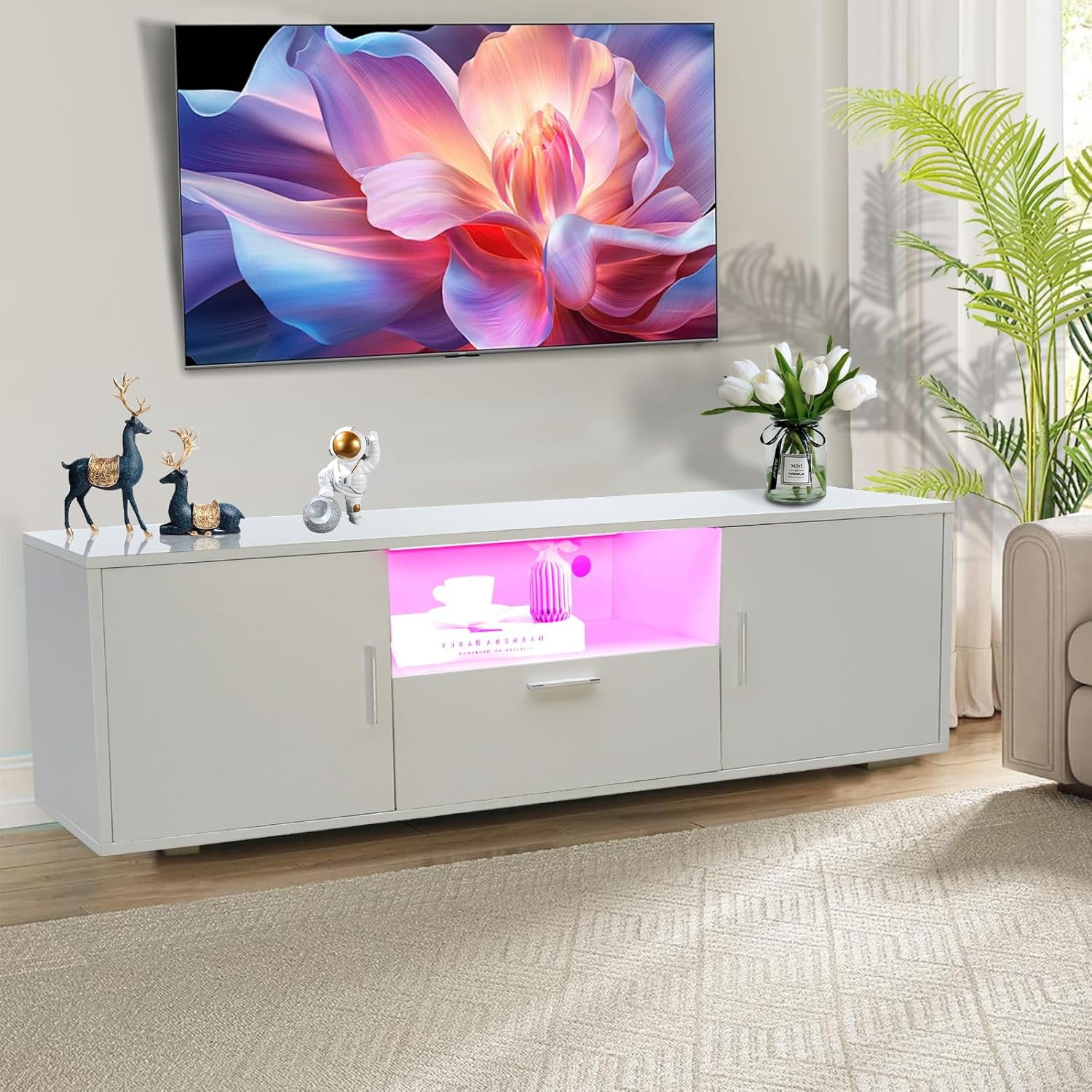 HOUAGI TV Stand for 55 Inch TVs, Modern LED Center with Storage Cabinet ...