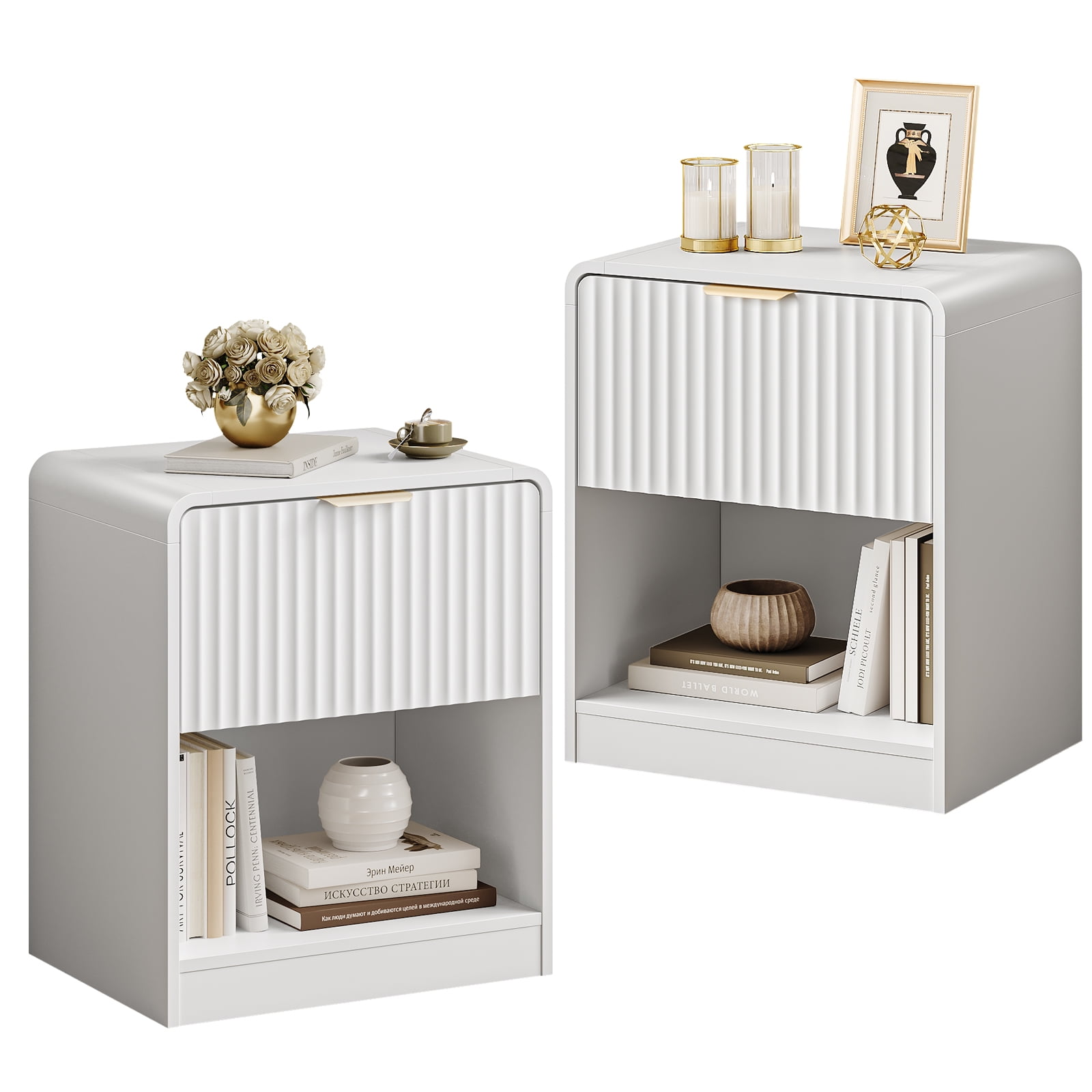 HOUROM Night Stand Set of 2, White Nightstand, Fluted Modern ...