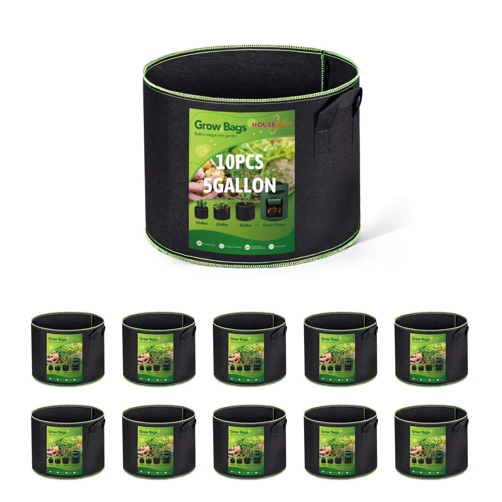 HOUSE DAY 10 Pack 5 Gallon Cloth Garden Grow Bags for Plants, Non-Woven ...