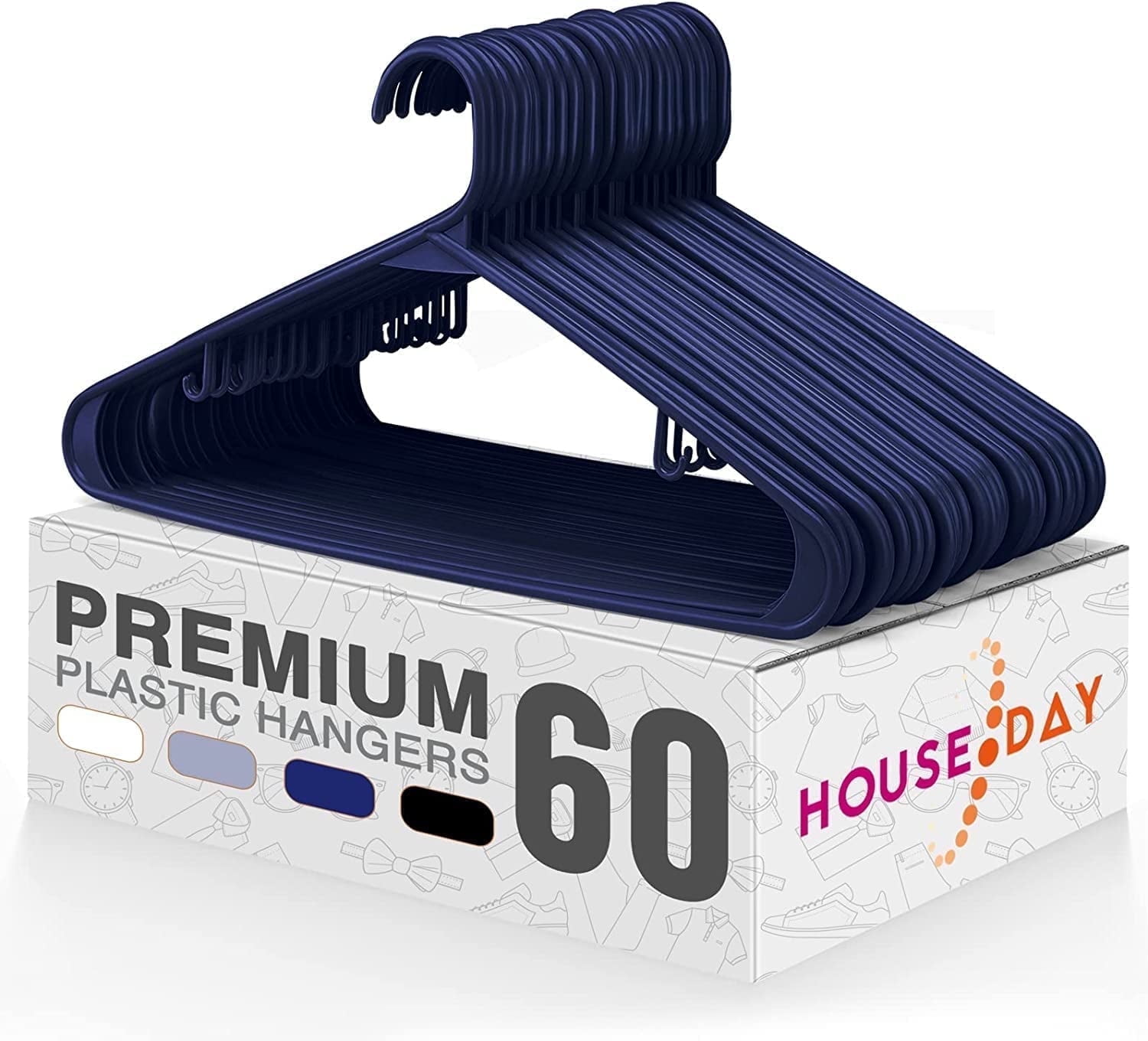 HOUSE DAY 60 Pack Heavy Duty Sturdy Plastic Clothes Hangers, Navy Blue ...