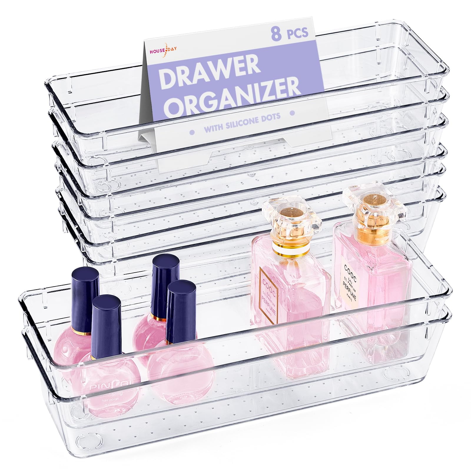 HOUSE DAY 8-Piece Clear Drawer Organizers with Silicone Pads, Ideal for ...