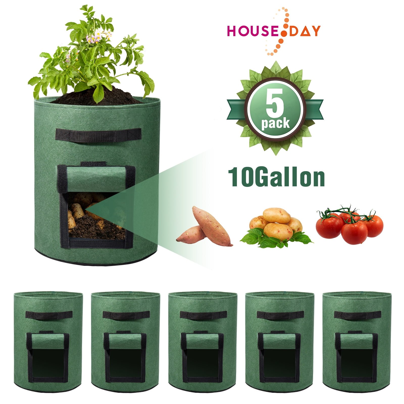 HOUSE DAY 10 Gallon Grow Bags, 5 Pack Green Fabric Pots for Garden ...