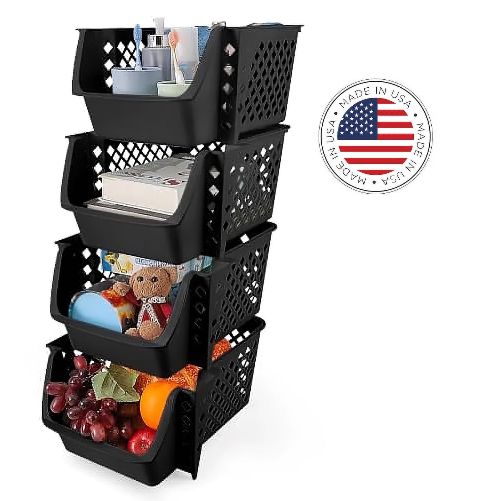 Metronic 4-Pack Stackable Storage Containers - Black Plastic Bins for ...