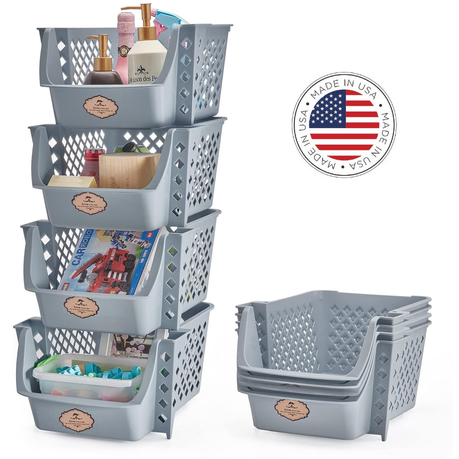 HOUSE DAY Large Stackable Organizing Bins Set of 4, Plastic Storage ...