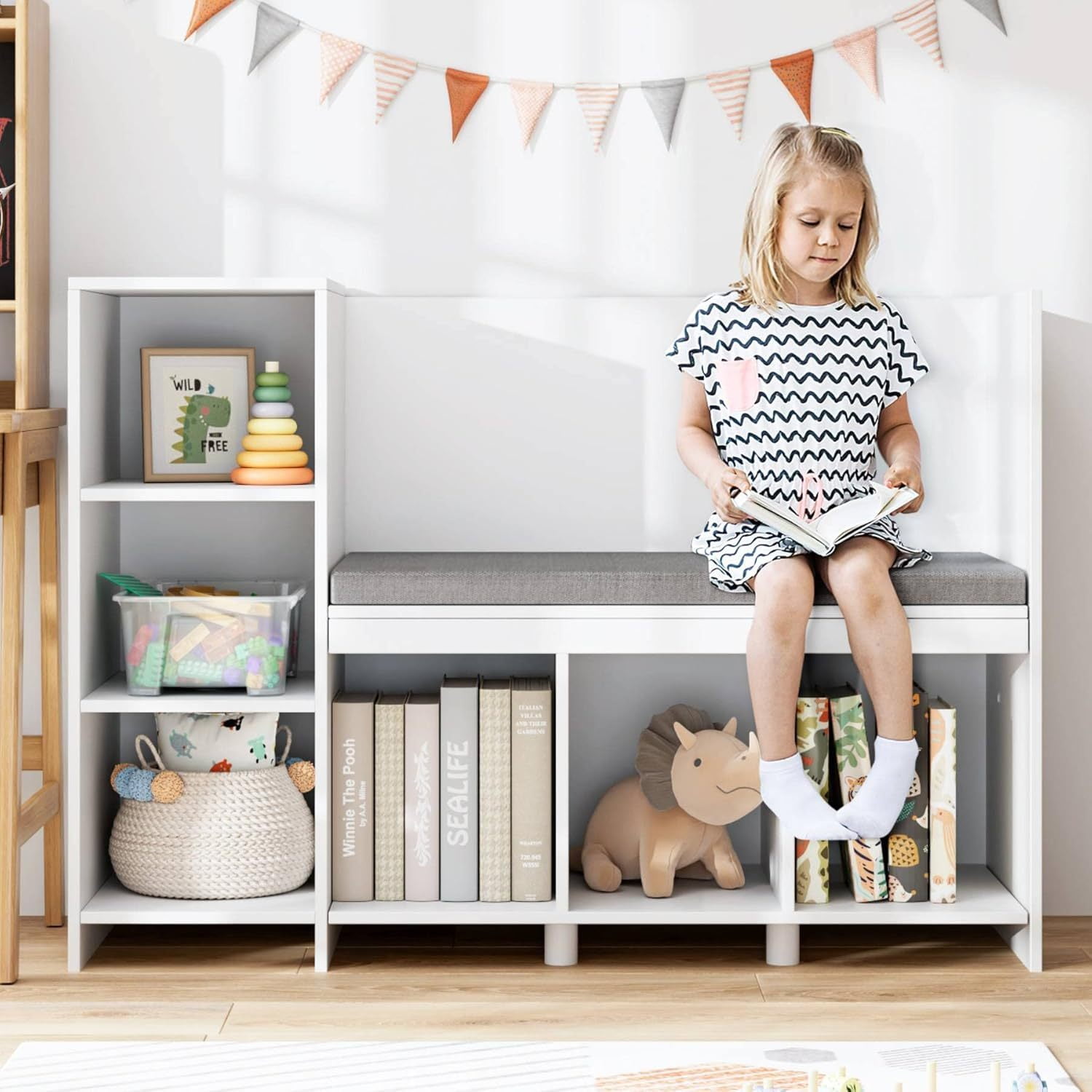 HOUSUIT 43.3" Kids Reading Nook Bench, Nursery Bookshelf and Bookcase ...