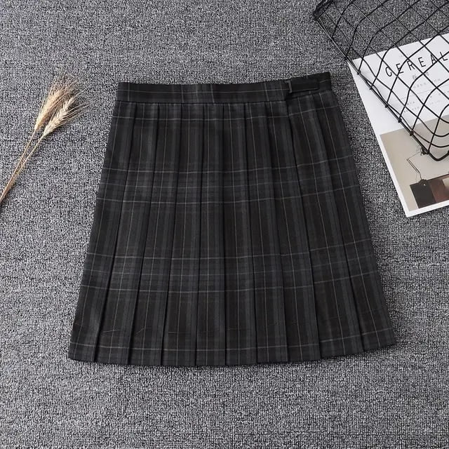 Houzhou Preppy Black Plaid Pleated Skirt Women Japanese Fashion School