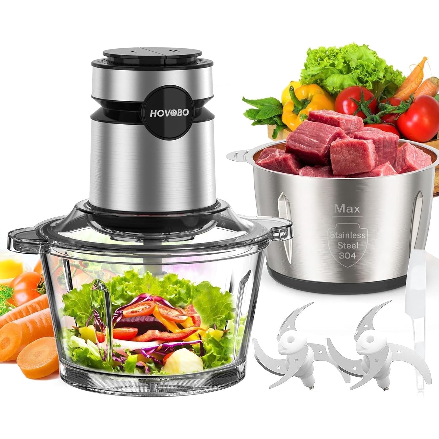 HOVOBO 8 Cup 2 Bowls Electric Food Choppers, 500W, 2 Speeds, Black ...