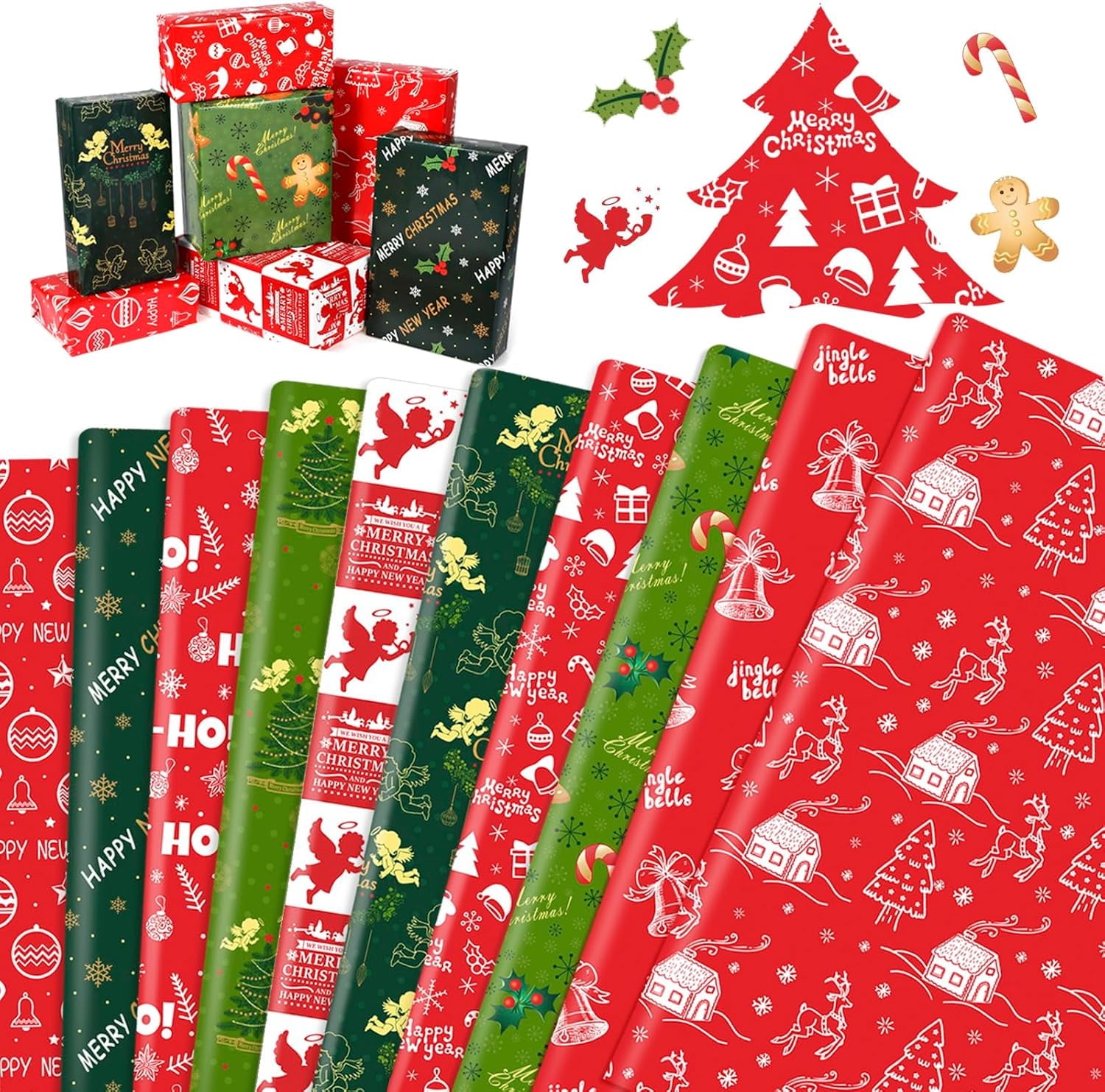 HOWAF 10 Pack Christmas Wrapping Paper, Red Green XMAS Christmas Paper ...