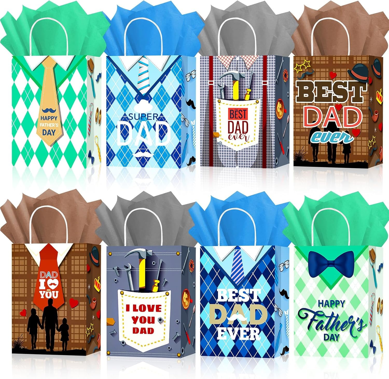 HOWAF 12 Pieces Father's Day Gift Bags with Tissue Paper Happy Fathers ...