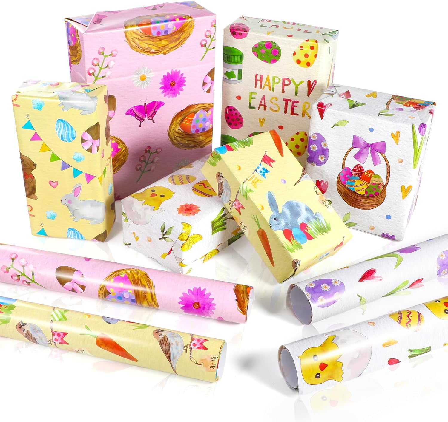 HOWAF 12 Sheets Easter Wrapping Paper Spring Bunny Rabbit Egg Flower ...