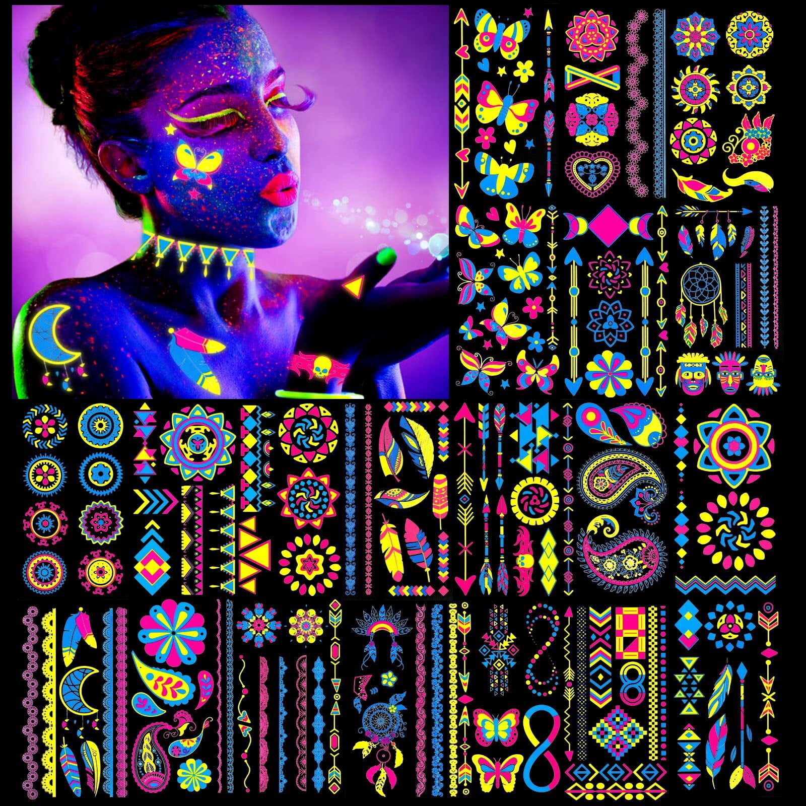 HOWAF 20 Sheets Glow In Dark Neon Temporary Tattoo, Luminous ...