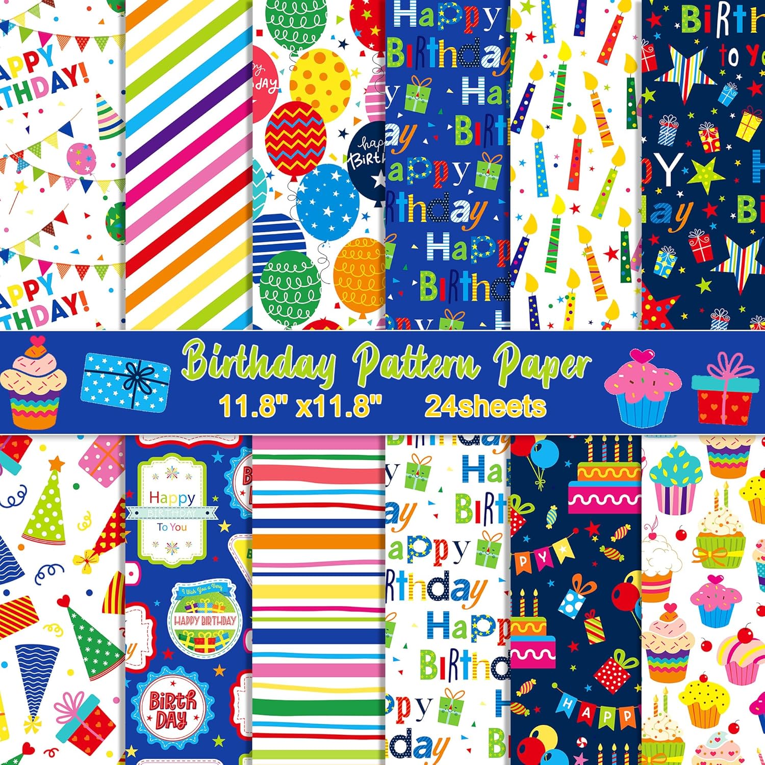 HOWAF 24 Sheets Birthday Scrapbook Paper 12x12 Double Sided Colorful ...