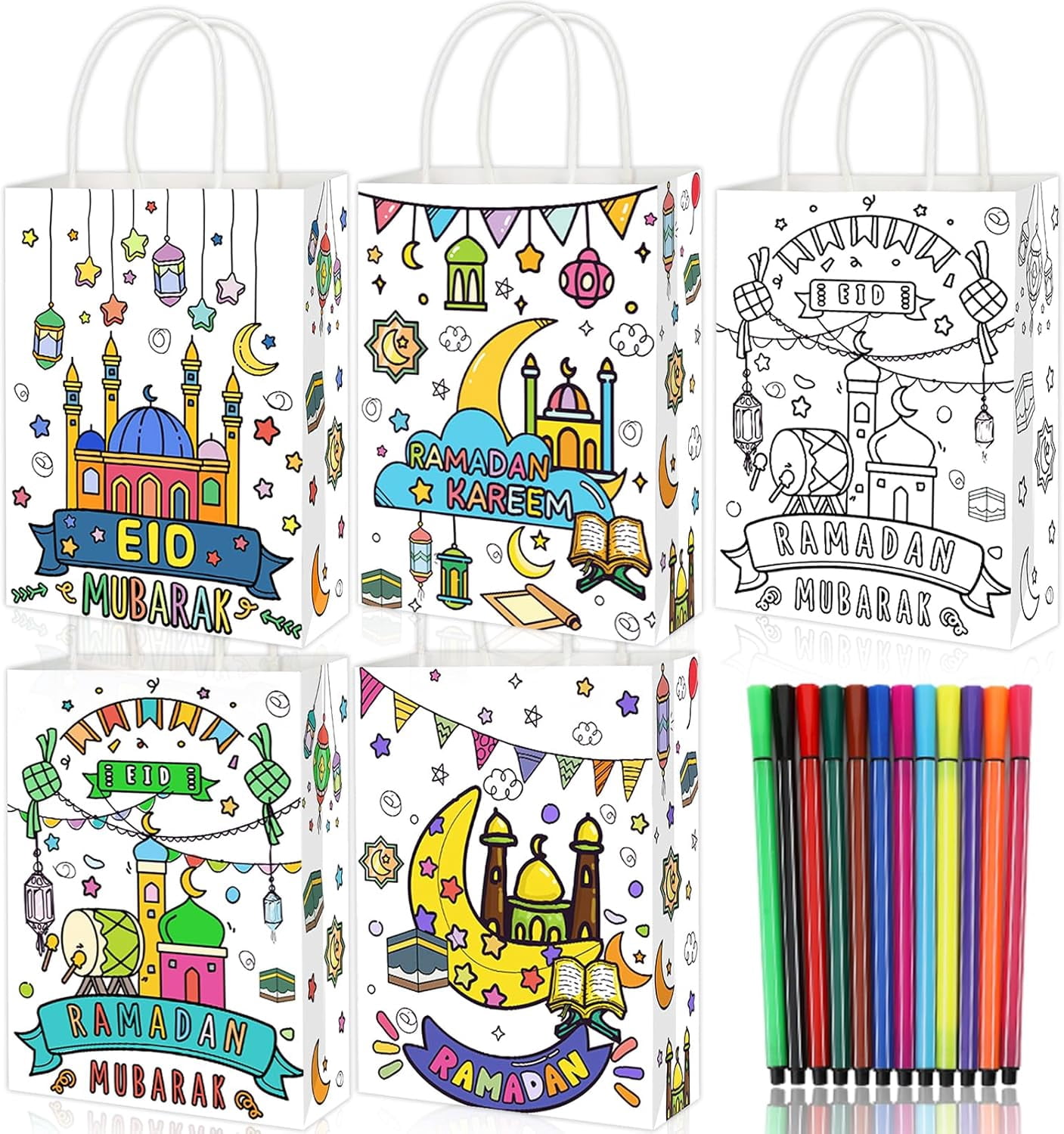 HOWAF 24pcs Ramadan Eid Mubarak Coloring Gift Bags with Paint Pens for ...