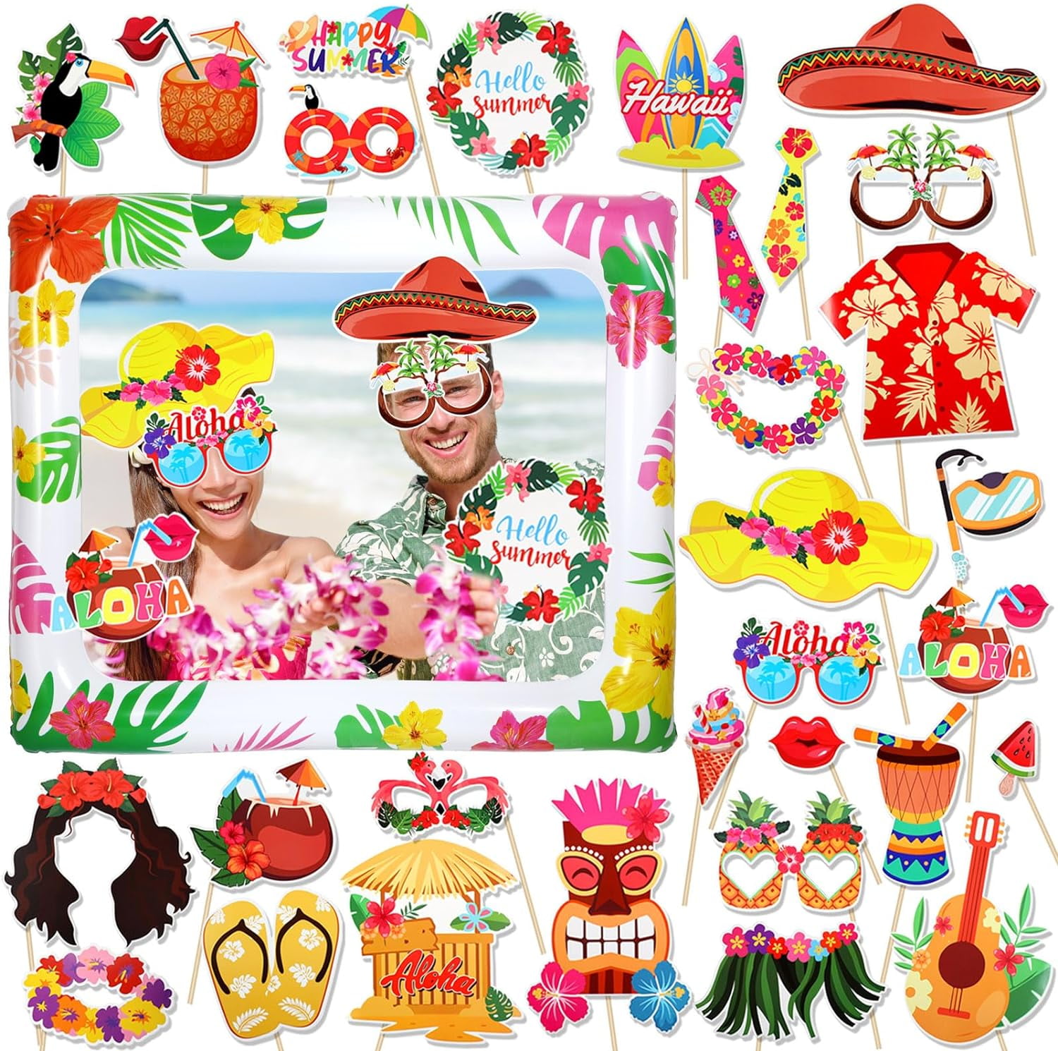 HOWAF Hawaiian Luau Photo Booth Props Kit with Inflatable Selfie Frame ...
