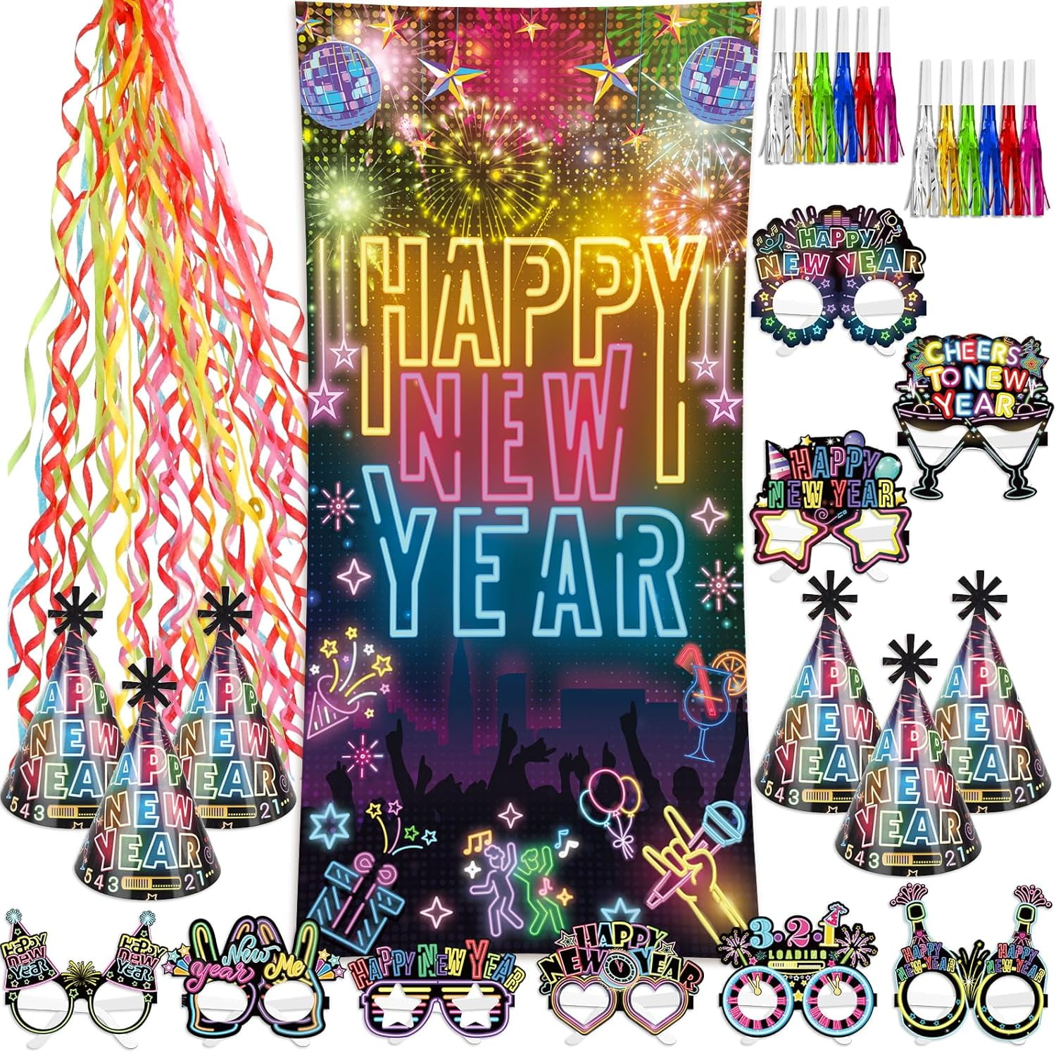 HOWAF 58pcs Neon 2026 New Party Kits Decorations, Backdrop Banner Happy ...