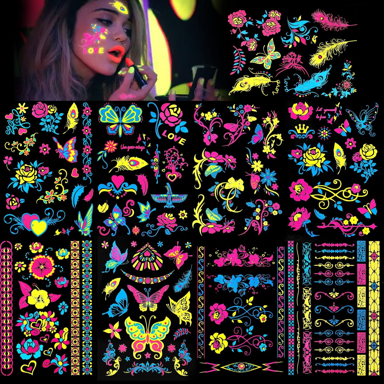 HOWAF 9 Large Sheets Neon Glow in The Dark Temporary Tattoos, 100+ Glow ...