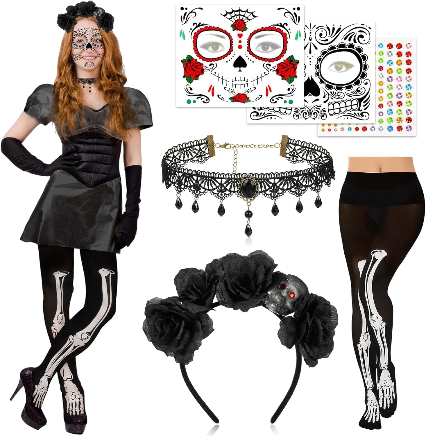 HOWAF Day of the Dead Headband Face Tattoo Gems Skeleton Tights ...