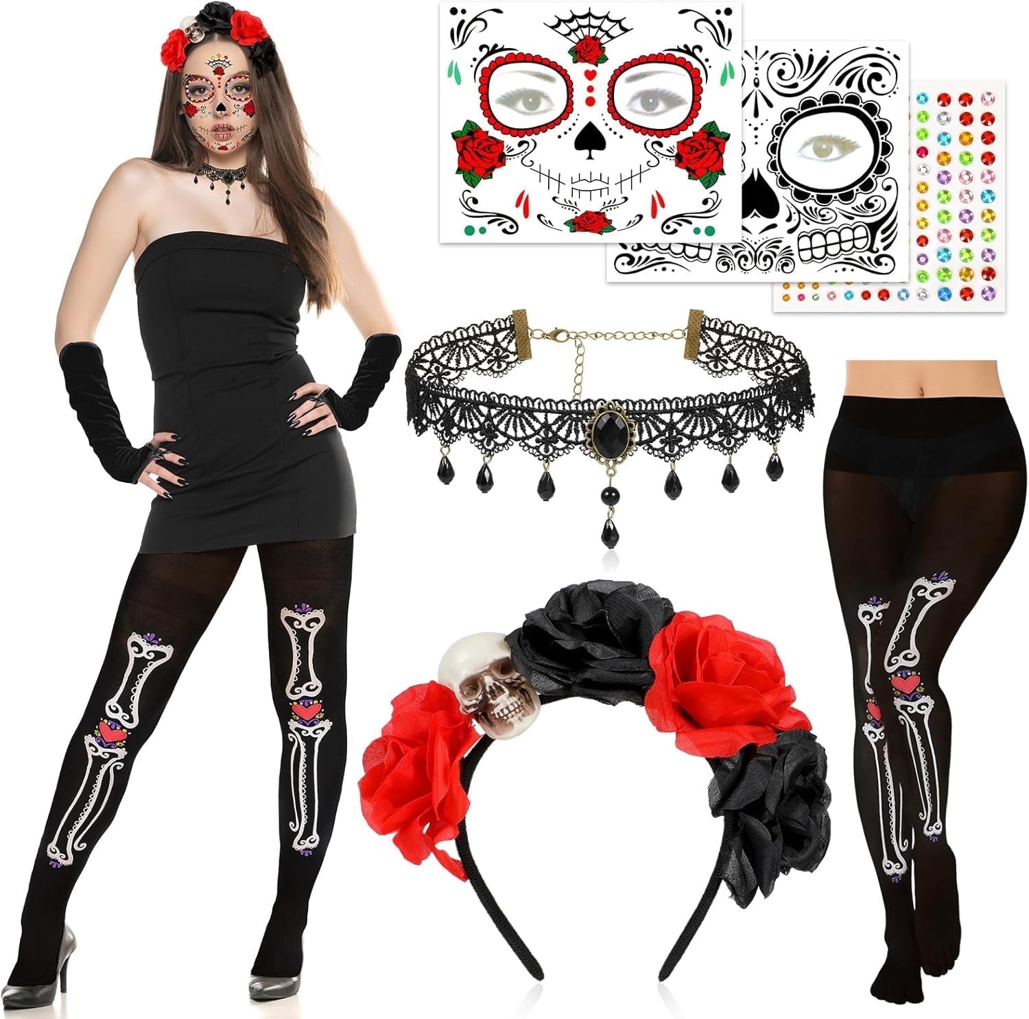 HOWAF Day of the Dead Headband Face Tattoo Gems Skeleton Tights ...