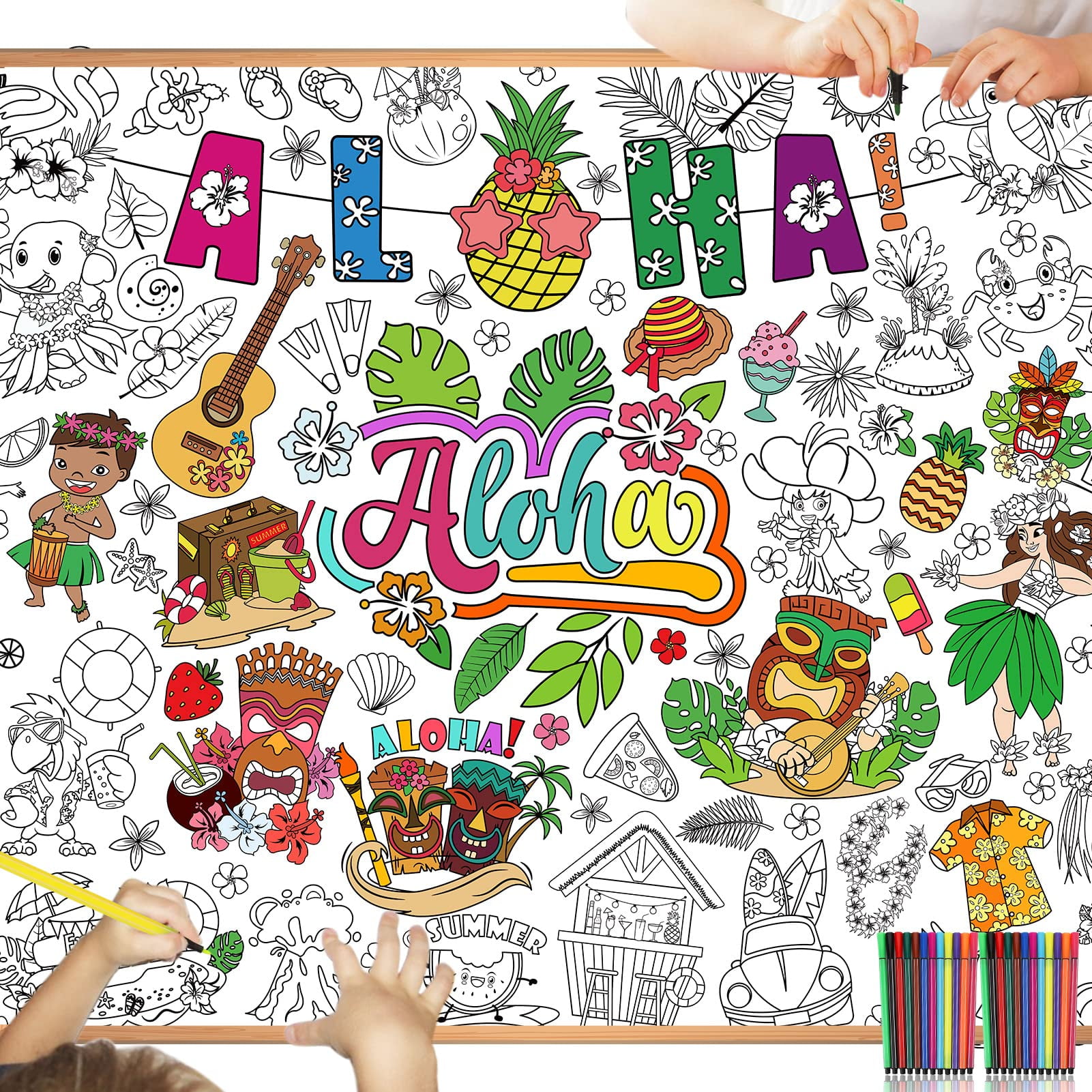 HOWAF Giant Hawaiian Tropical Luau Birthday Coloring Poster with 24 (12 ...