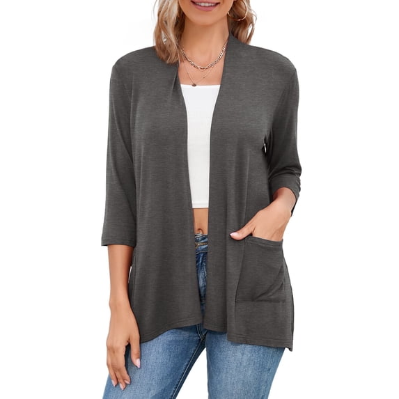 HOWCOME Women's Lightweight Cardigan, 3/4 Sleeve Open Front, Casual ...