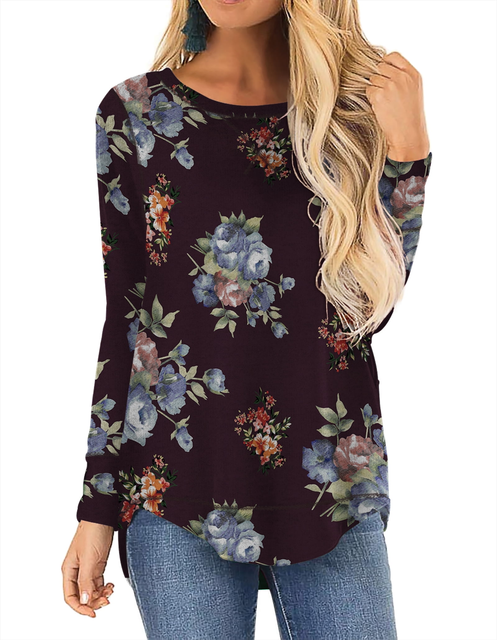 HOWCOME Fall Long Sleeve Side Split Casual Loose Tunic Womens Blouses ...