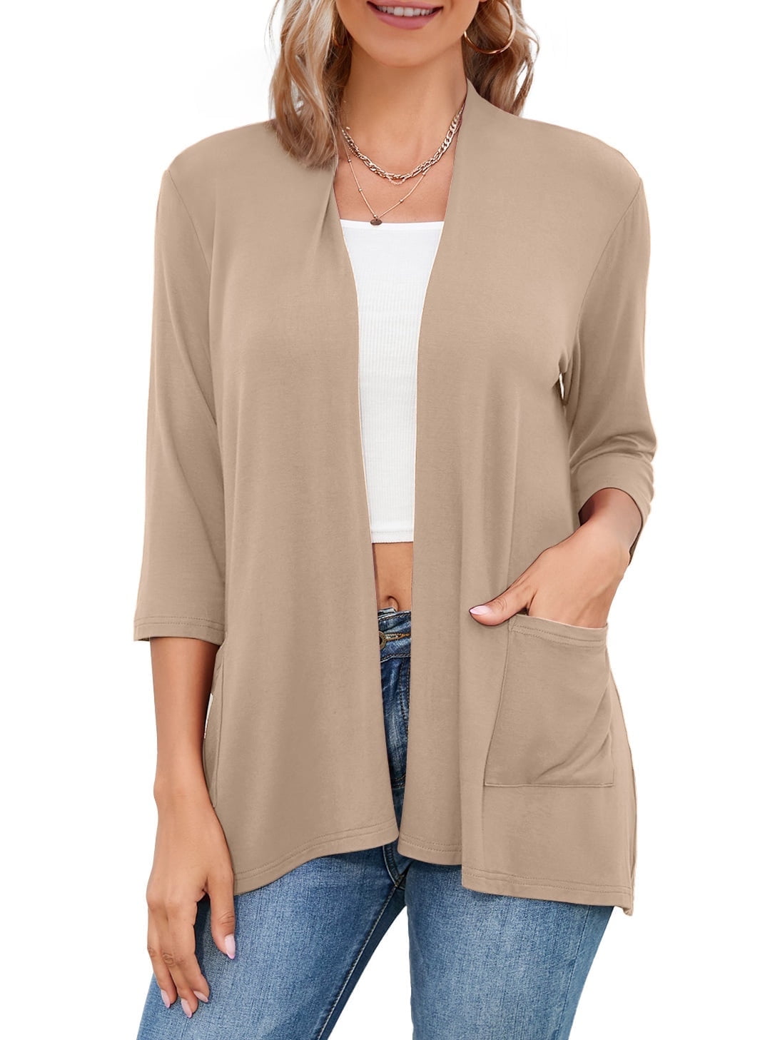 HOWCOME Lightweight Kimonos for Women Loose Fit 3/4 Sleeve Beach Cover ...