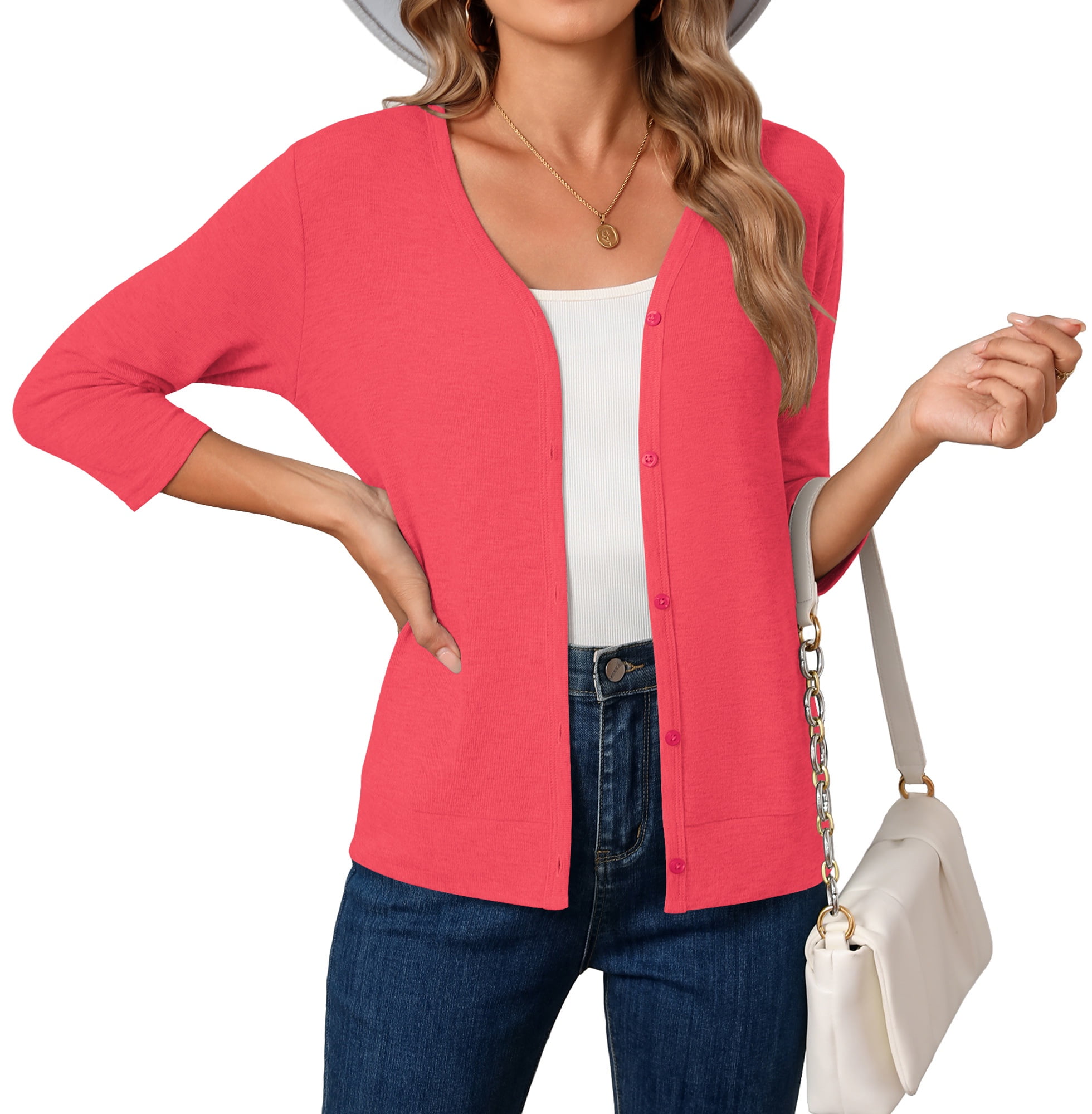 HOWCOME Open Front Cardigan for Women Button Down 3/4 Sleeve Knitted ...