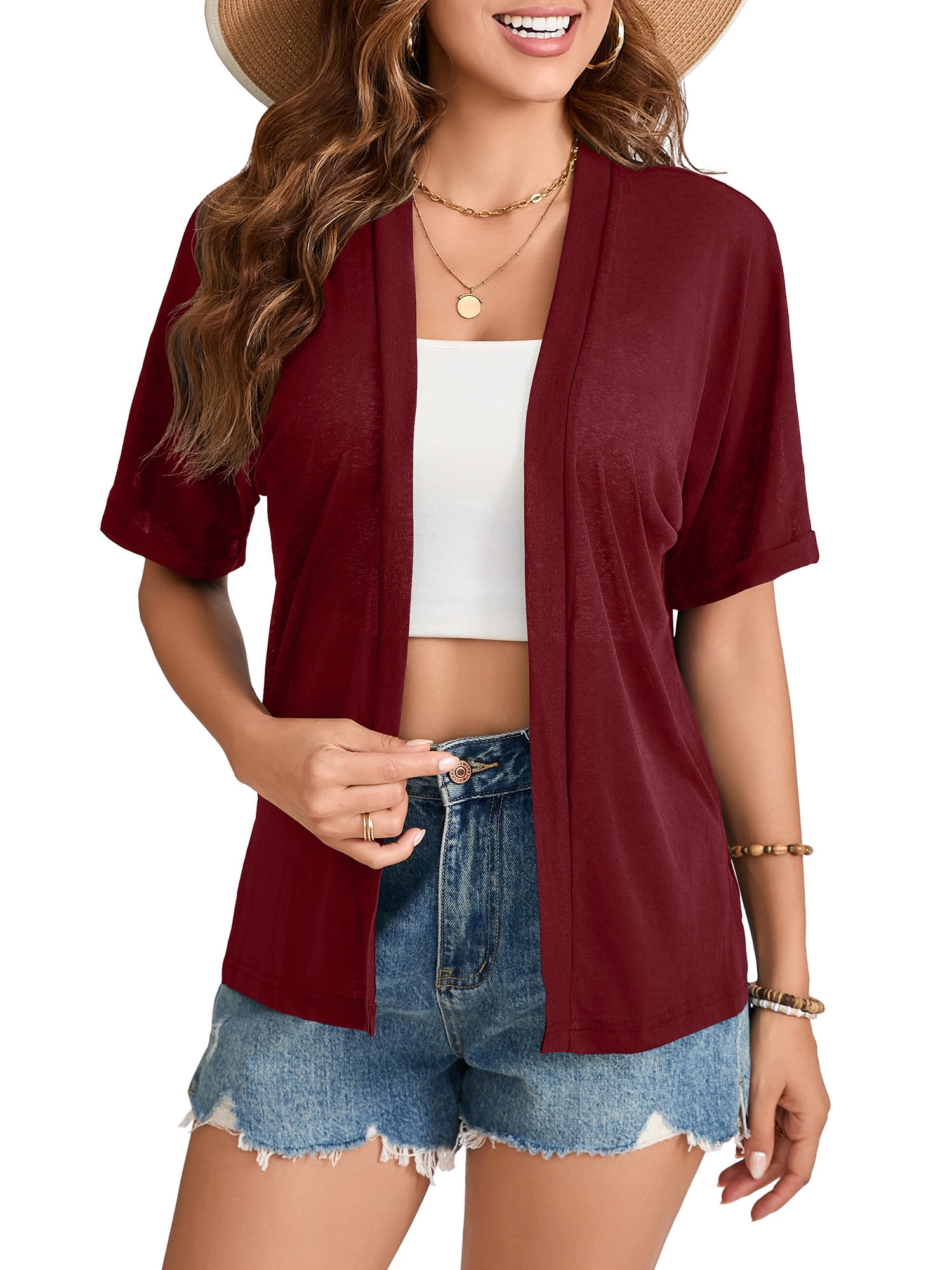 HOWCOME Short Sleeve Open Front Kimono Cardigan Summer Lightweight ...