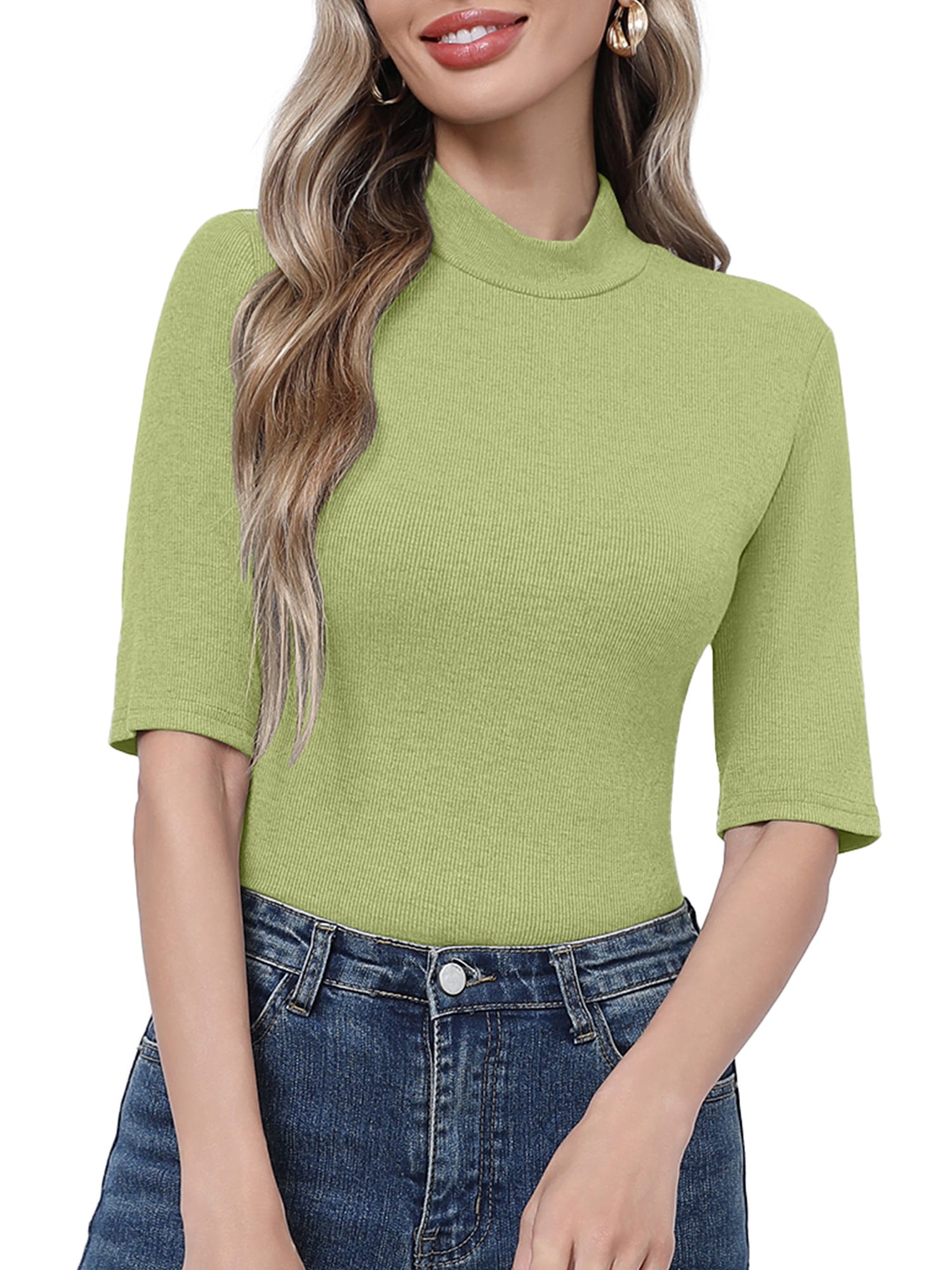 HOWCOME Short Sleeve Women Shirts Mock Neck Slim Fit Summer Tops Basic ...
