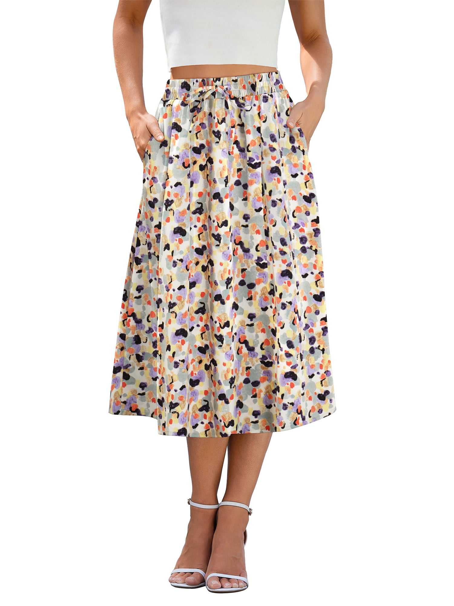 HOWCOME Women High Waisted A-Line Midi Skirt Flowy Elastic Waist ...