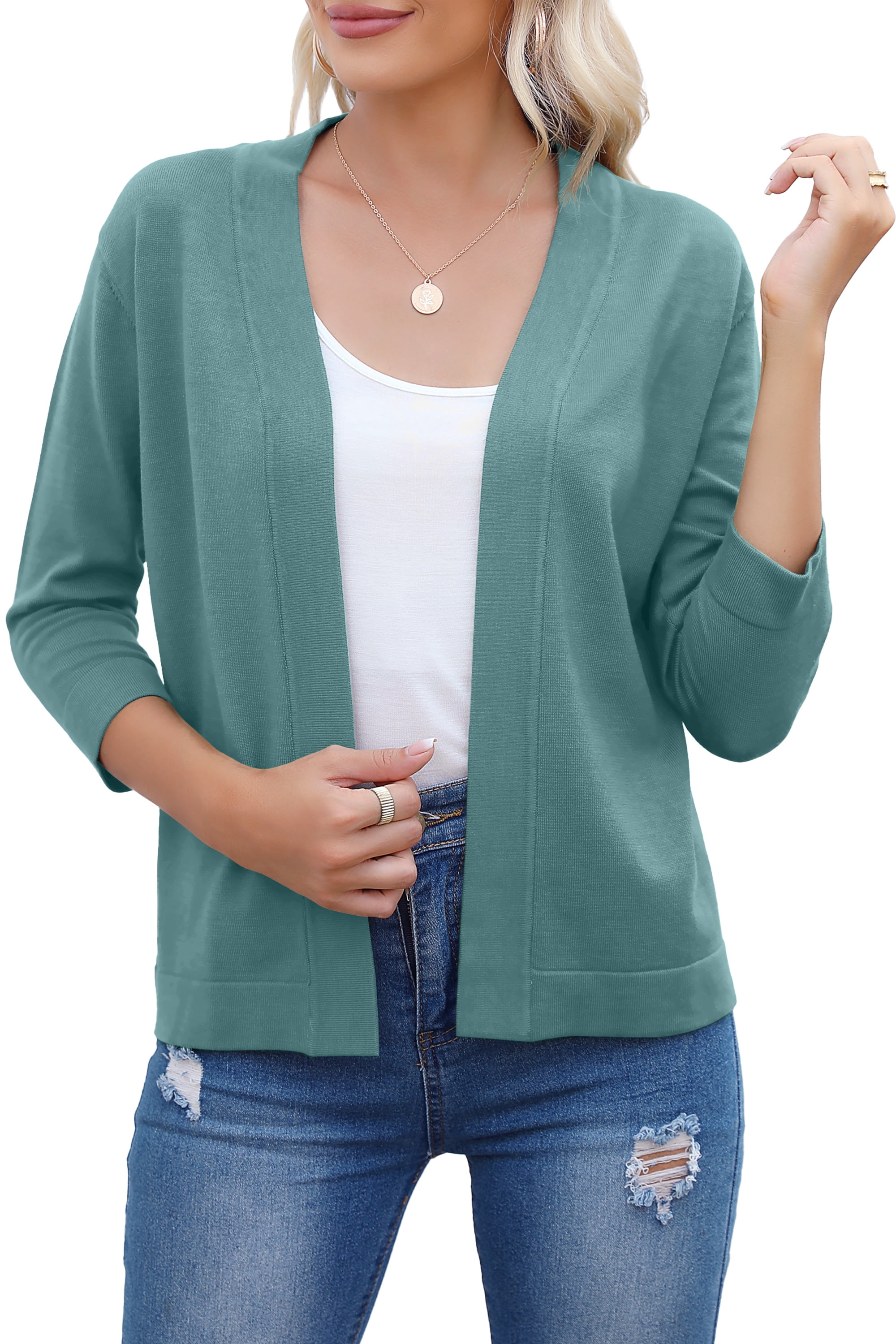 HOWCOME Women's 3/4 Sleeve Cropped Cardigans Sweaters Jackets Open ...