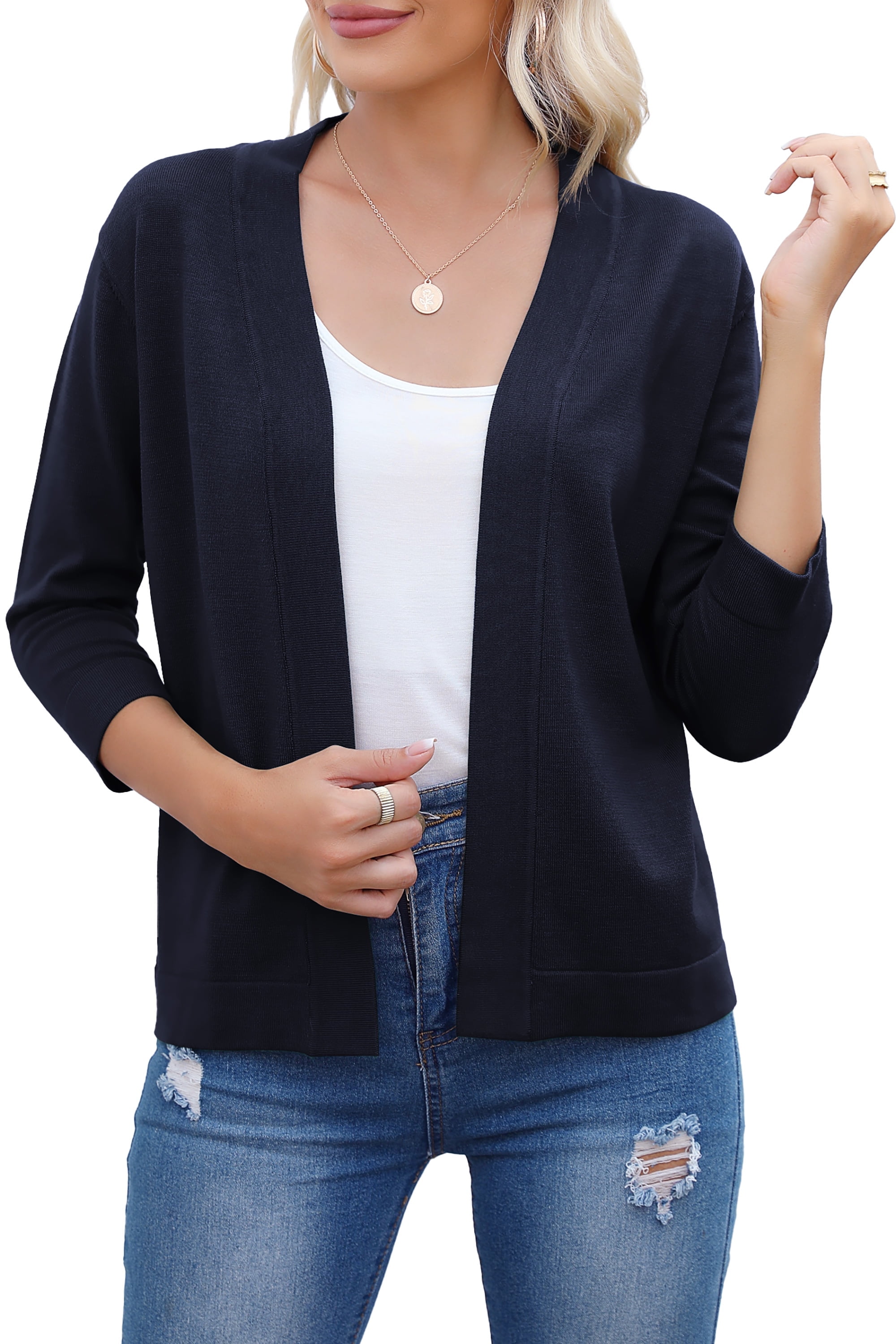 HOWCOME Women's 3/4 Sleeve Open Front Cropped Cardigan, Elegant Navy ...