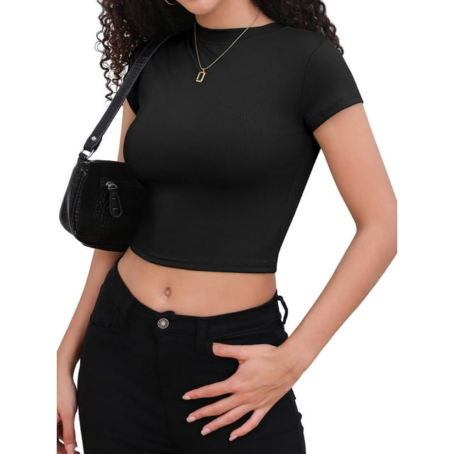 HOWCOME Womens Lightweight Short Sleeve Cropped Tops Cute Slim Fit ...