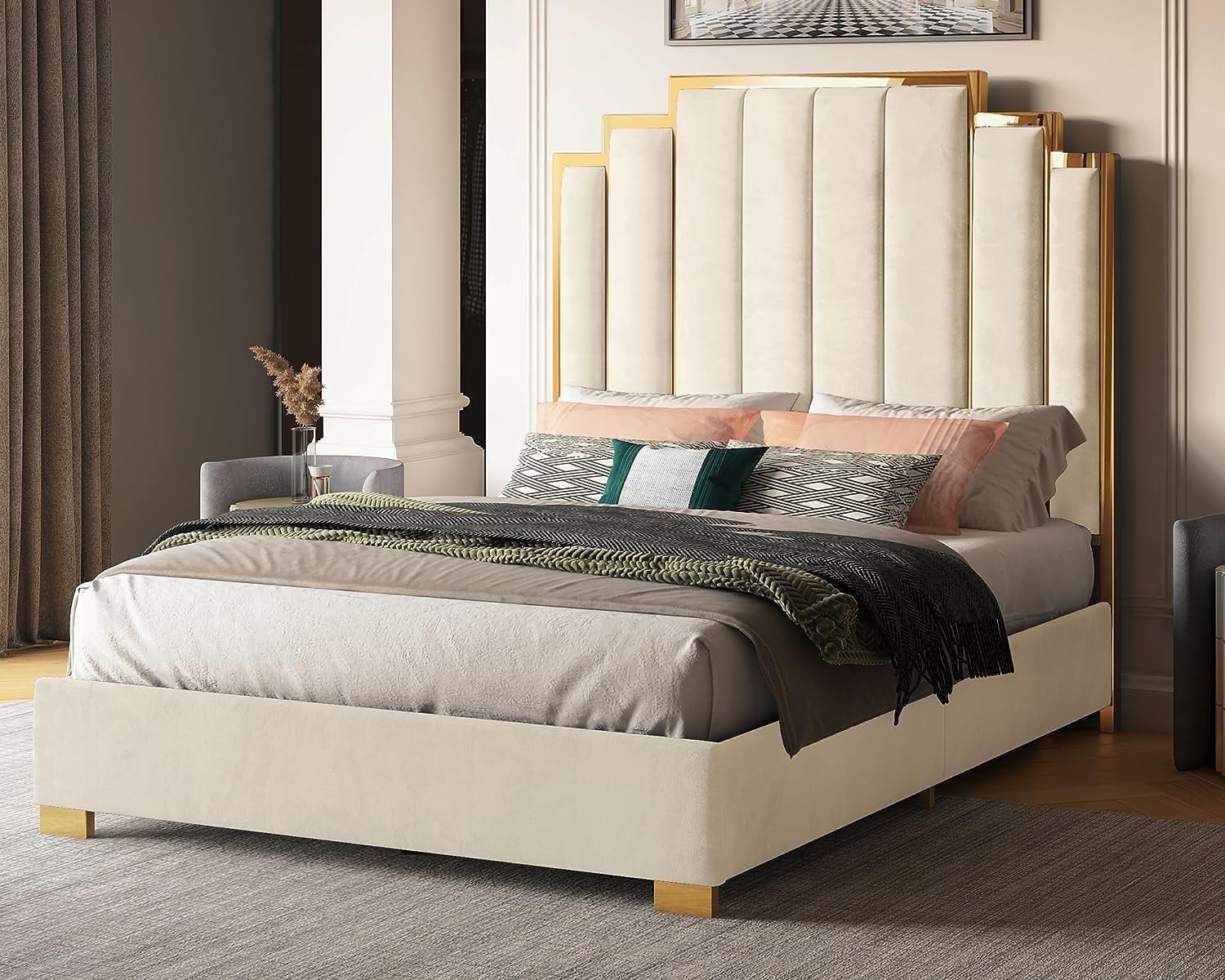 "HOWE Queen Size Platform Tufted Fabric Bed Frame, 61"" Headboard ...