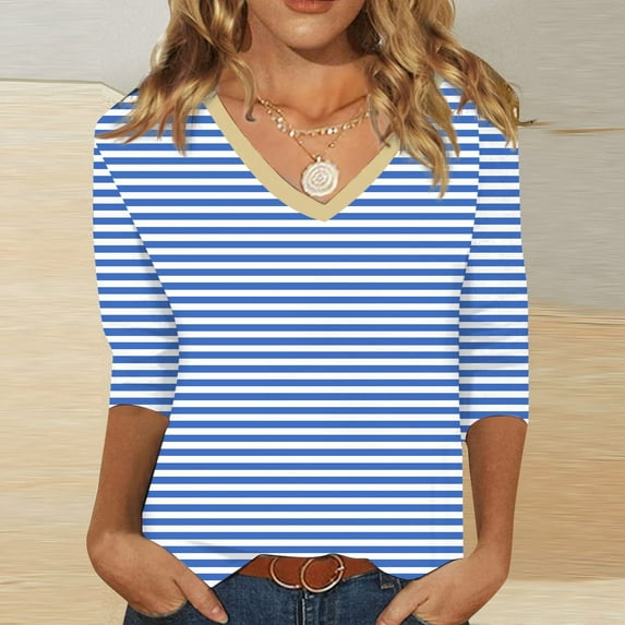 HOWPAY 3/4 Length Sleeve Womens Tops V Neck Color Block Loose Fit ...