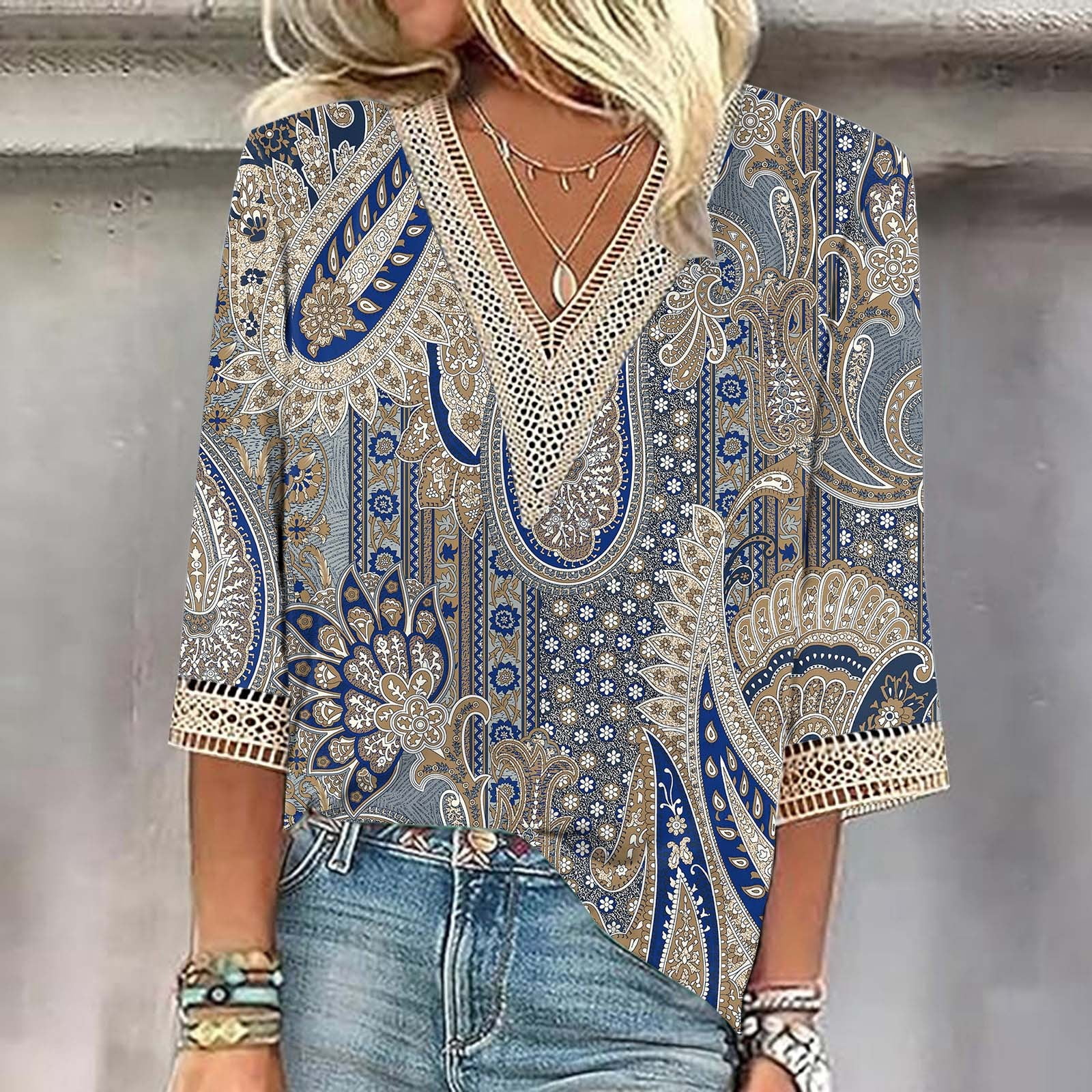 HOWPAY 3/4 Length Sleeve Womens Tops V Neck Graphic Dressy Casual Tunic ...