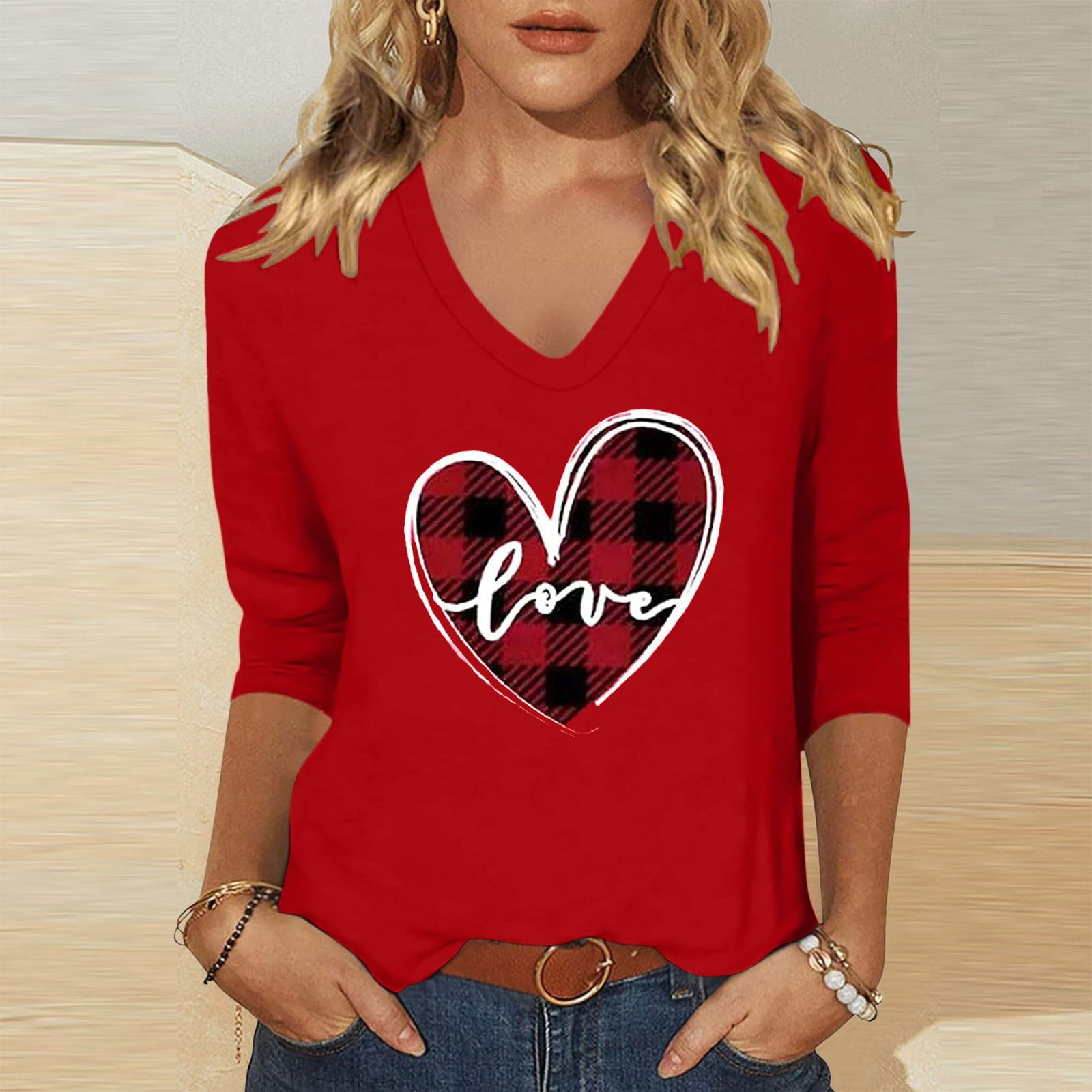 HOWPAY 3/4 Sleeve Tops for Women Valentines Love Heart Graphic V Neck T ...