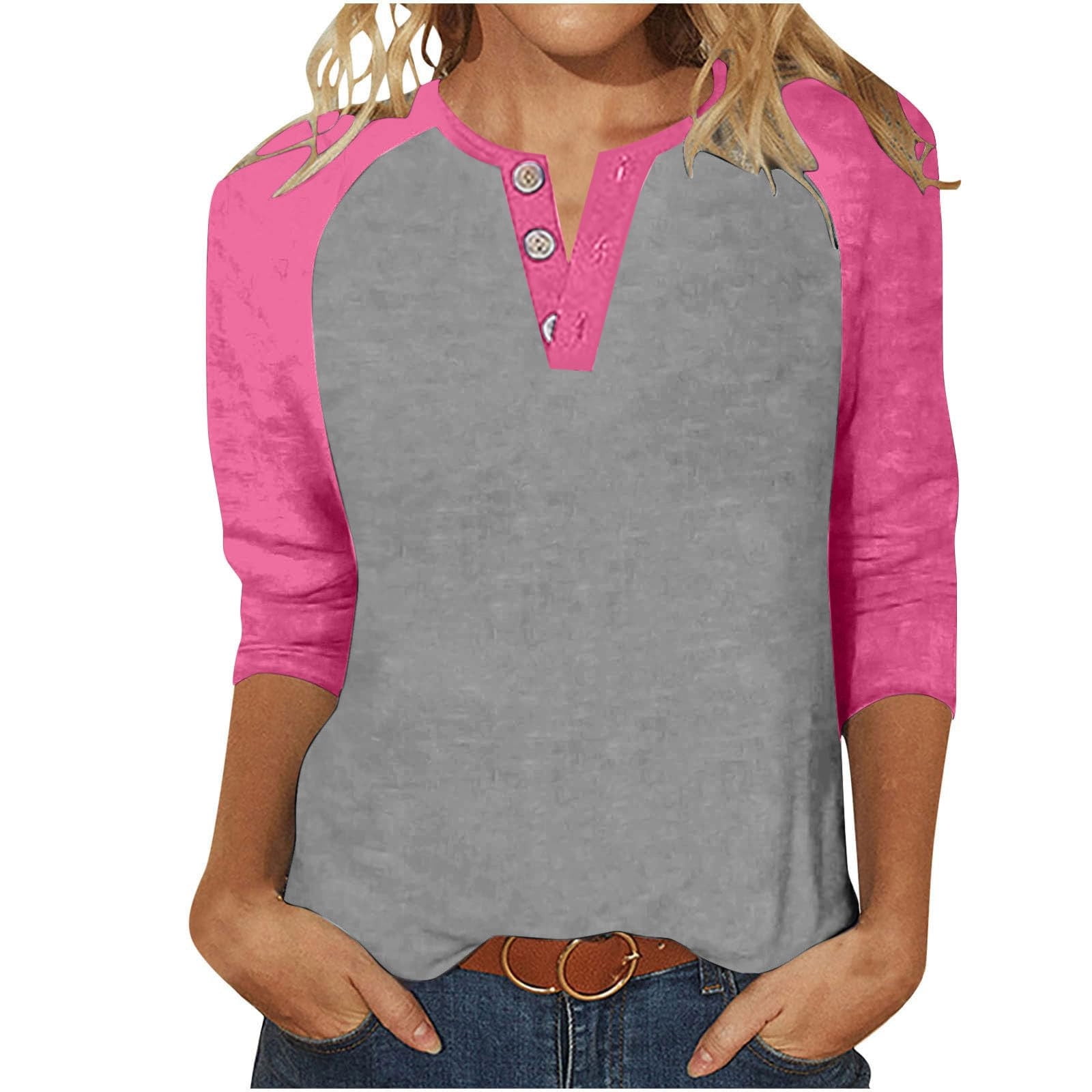 HOWPAY 3/4 Sleeve Tops for Women V Neck Color Block Tunic T Shirts ...