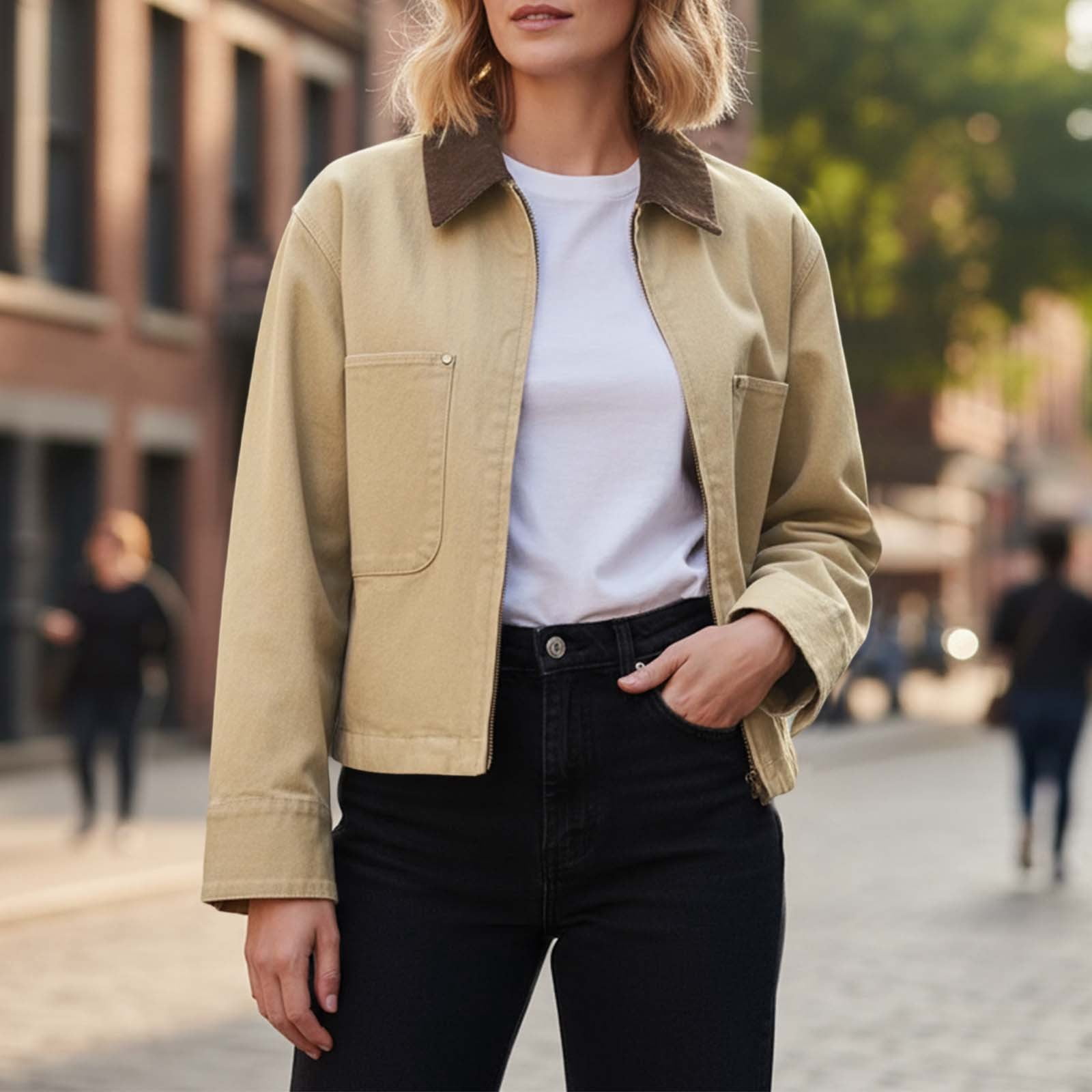 HOWPAY Barn Jackets for Women Zip up Cropped Lapel Collar Long Sleeve ...