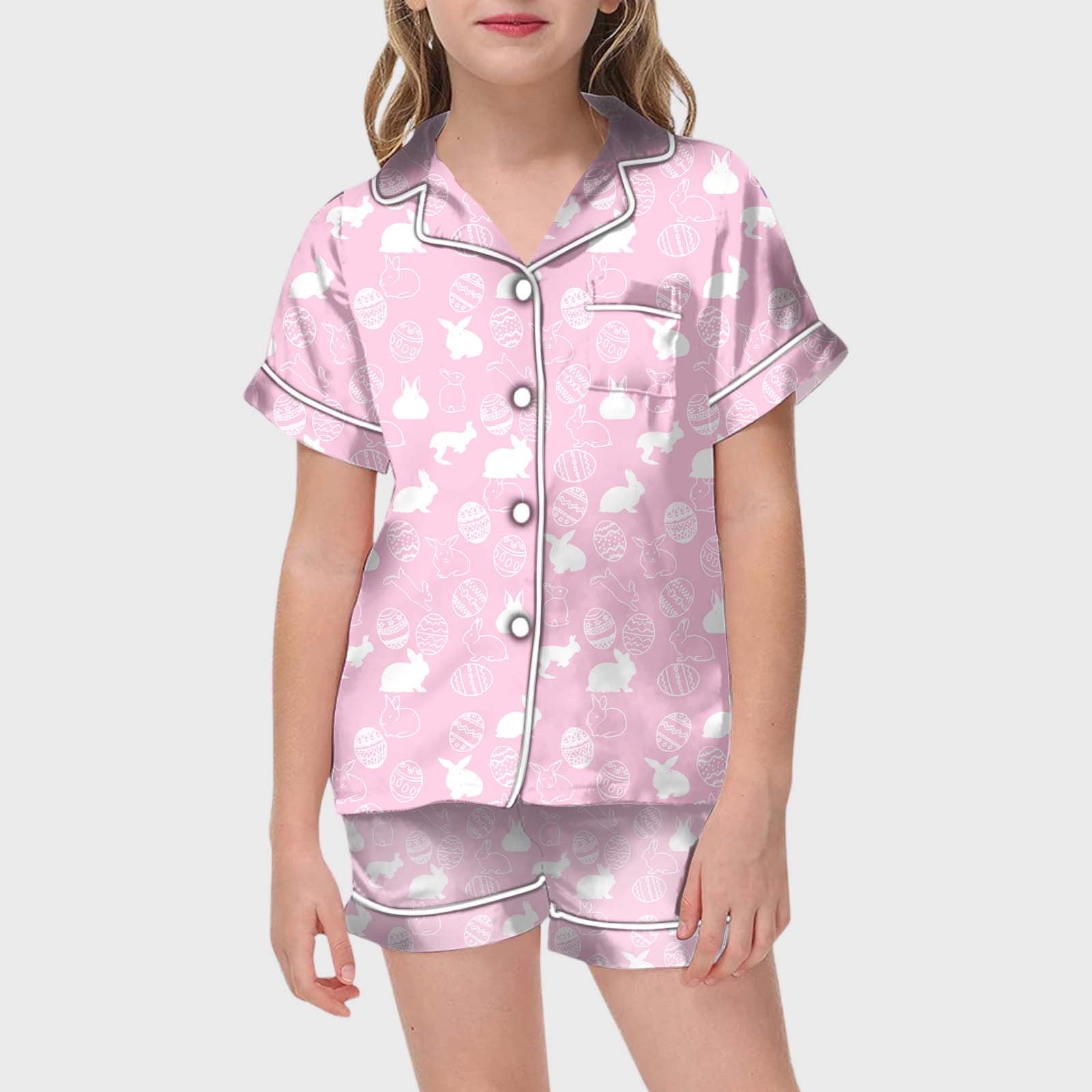 HOWPAY Easter Girls Outfits Bunny Floral Graphic Button Down Short ...