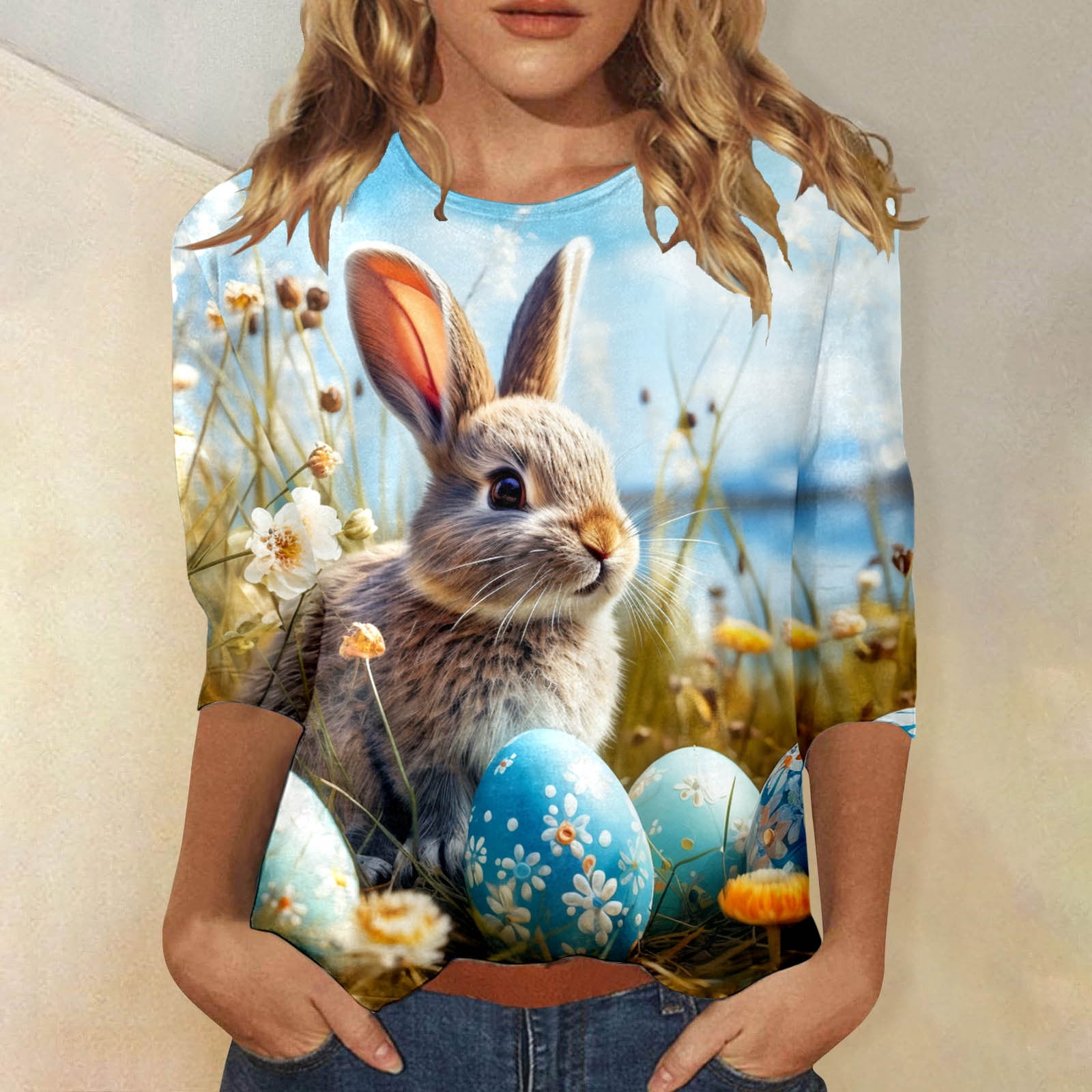 HOWPAY Easter T Shirts for Women 3/4 Sleeve Happy Bunny Eggs Print Crew ...