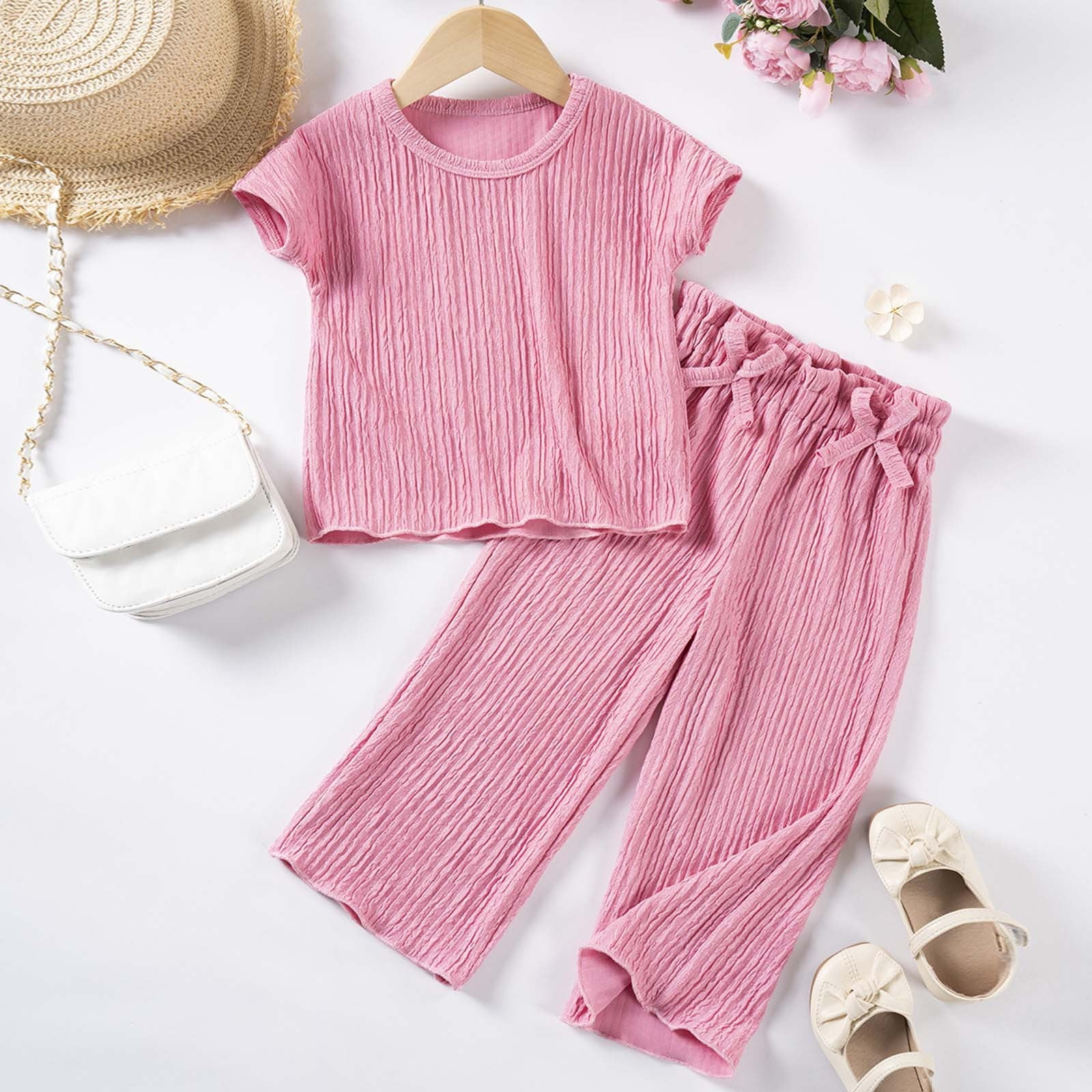 HOWPAY Girls 2 Piece Outfits Short Sleeve Crew Neck Tops and Elastic ...