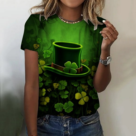 HOWPAY Graphic Tees for Women St Patricks Day Clover Printed Crew Neck ...