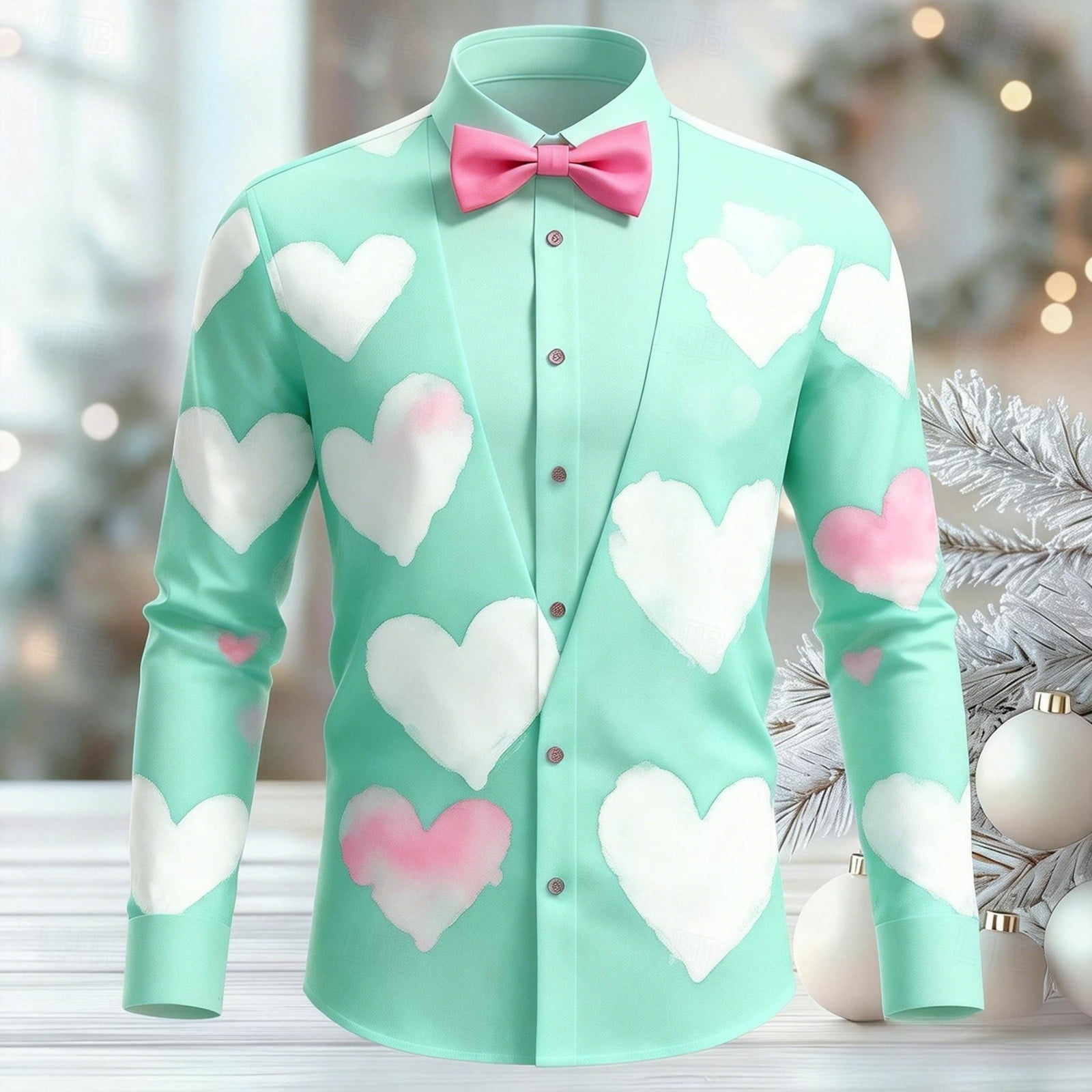 HOWPAY Men Dress Shirt Valentines Love Heart Print Long Sleeve Slim Fit ...