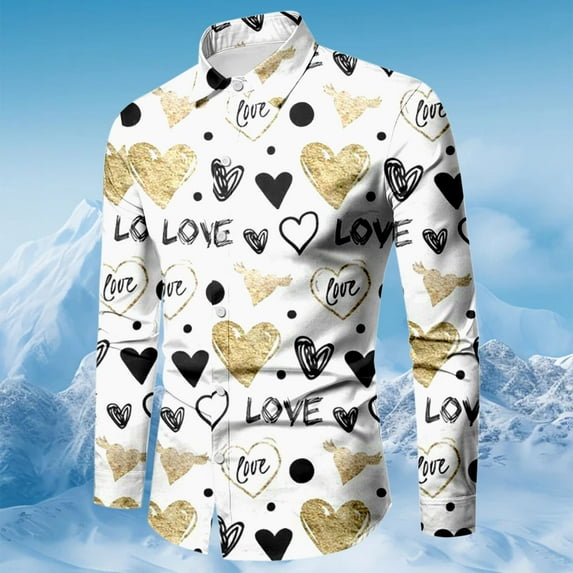 HOWPAY Men's Dress Shirts Valentines Long Sleeve Love Heart Print ...